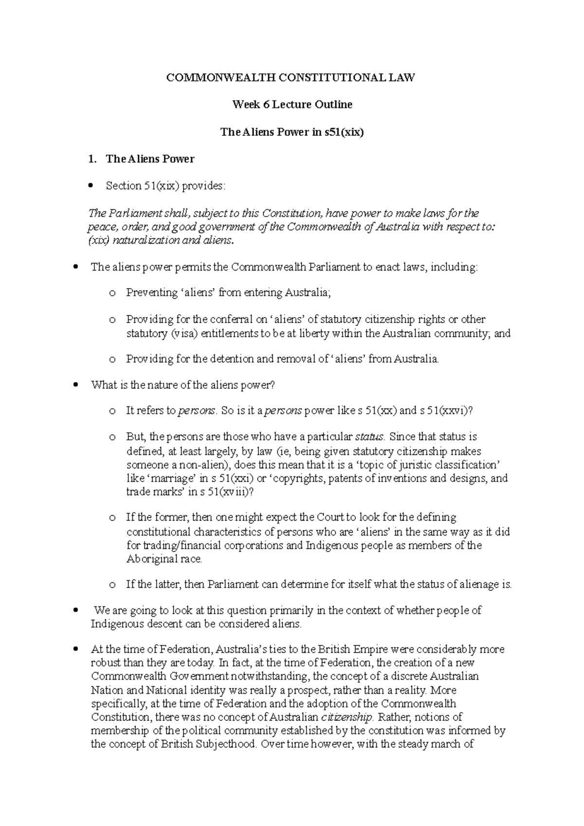 Com Con 23 Week 6 Lecture Outline - COMMONWEALTH CONSTITUTIONAL LAW ...