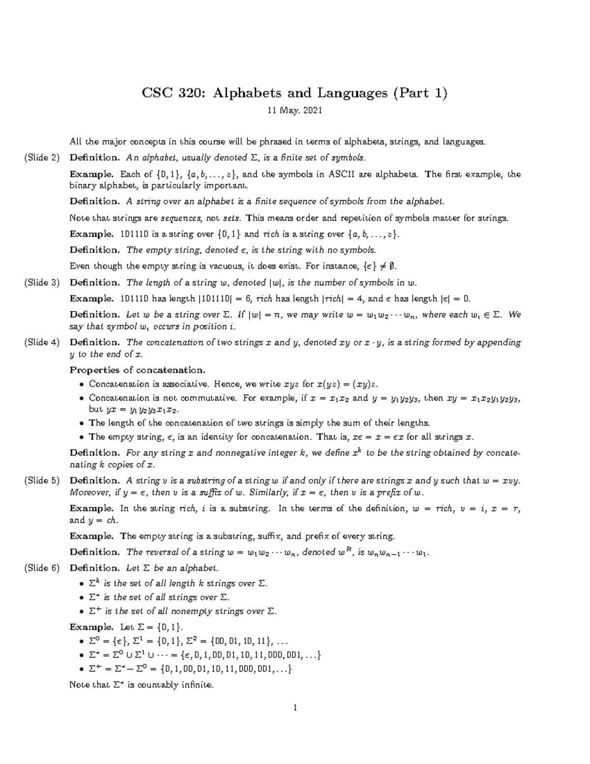 Lecture 02 notes 1 - CSC 320: Alphabets and Languages (Part 1) 11 May ...