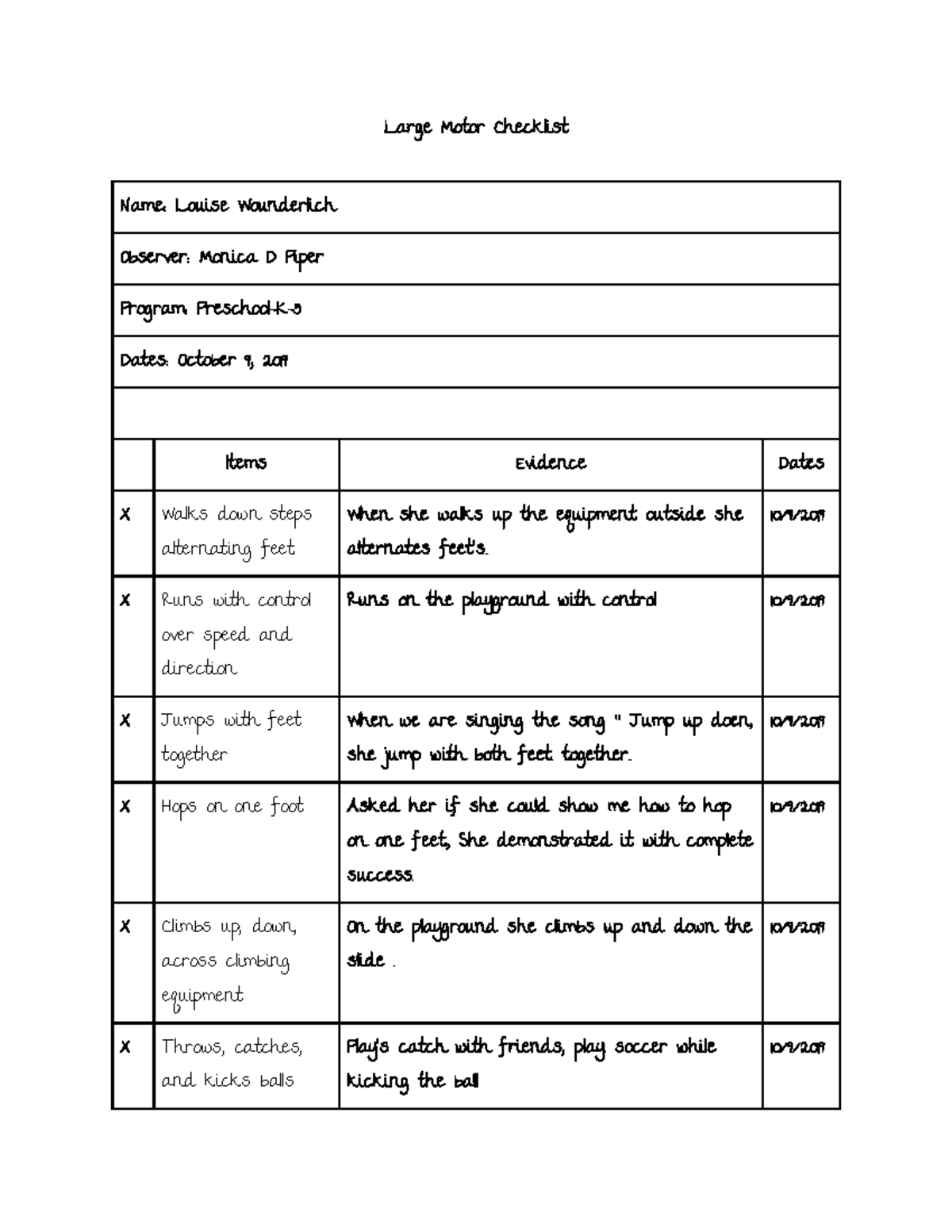 Unit 8 Large Motor Checklist - Large Motor Checklist Name: Louise ...