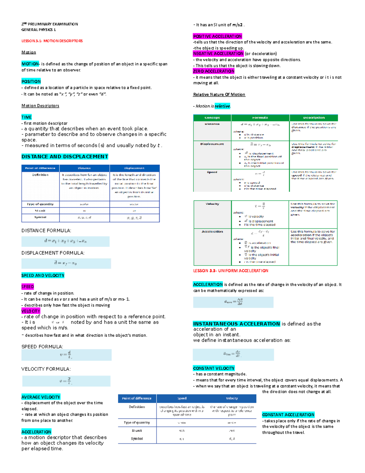 2ND Preliminary Examination - 2 ND PRELIMINARY EXAMINATION GENERAL PHYSICS 1 LESSON 3- MOTION ...