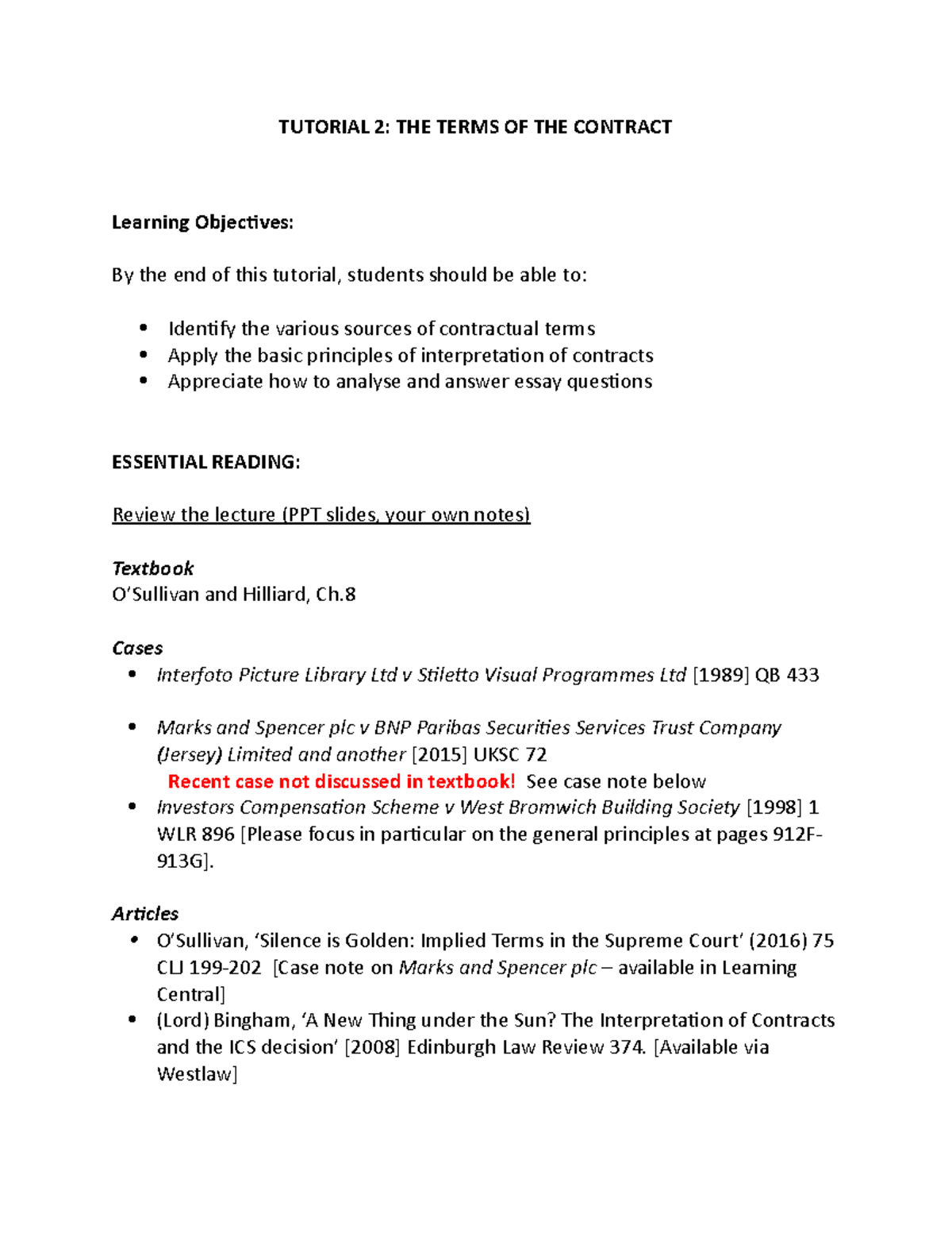 Tutorial 2 - TUTORIAL 2: THE TERMS OF THE CONTRACT Learning Objectives ...
