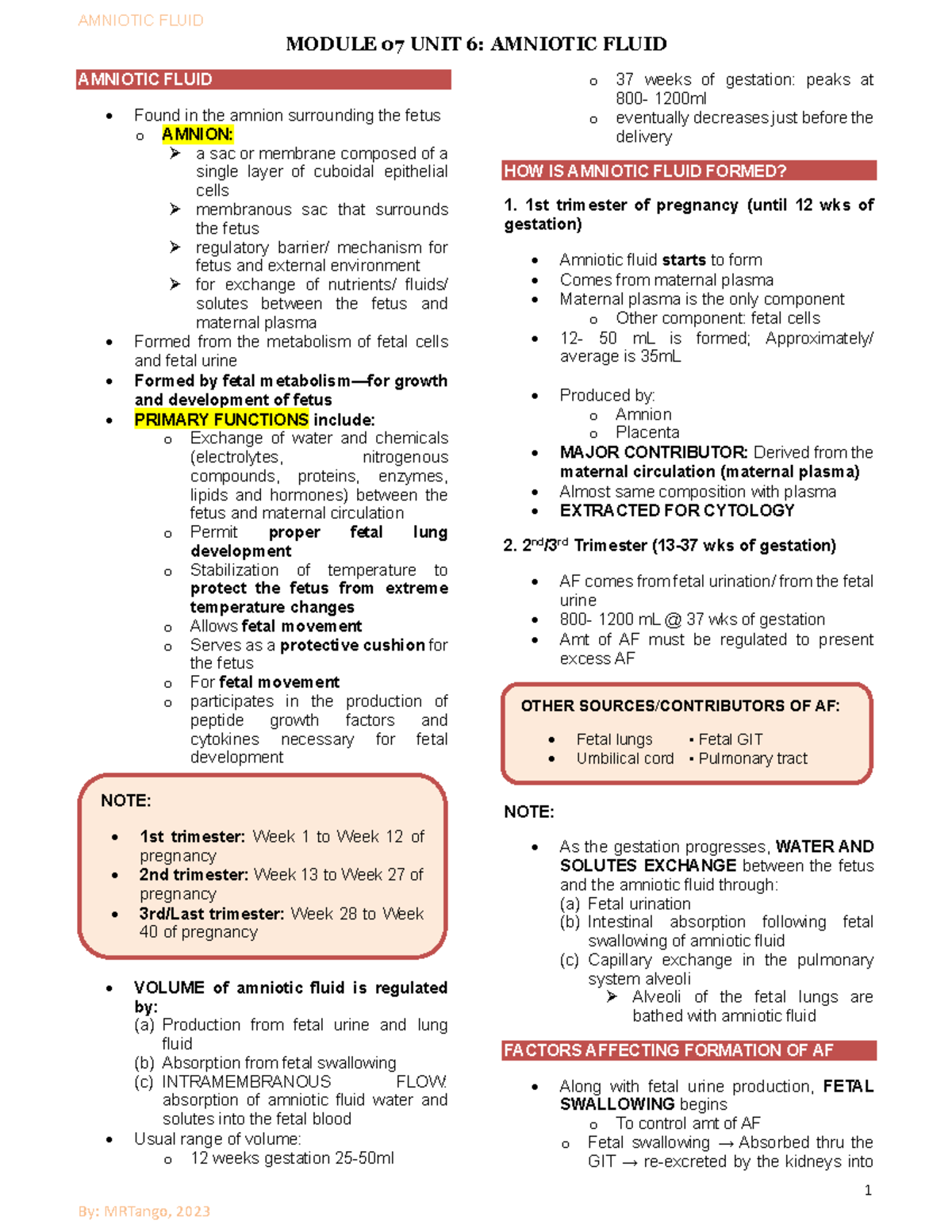 M7U6 Amniotic F - 1 MODULE 07 UNIT 6: AMNIOTIC FLUID AMNIOTIC FLUID Found in the amnion ...