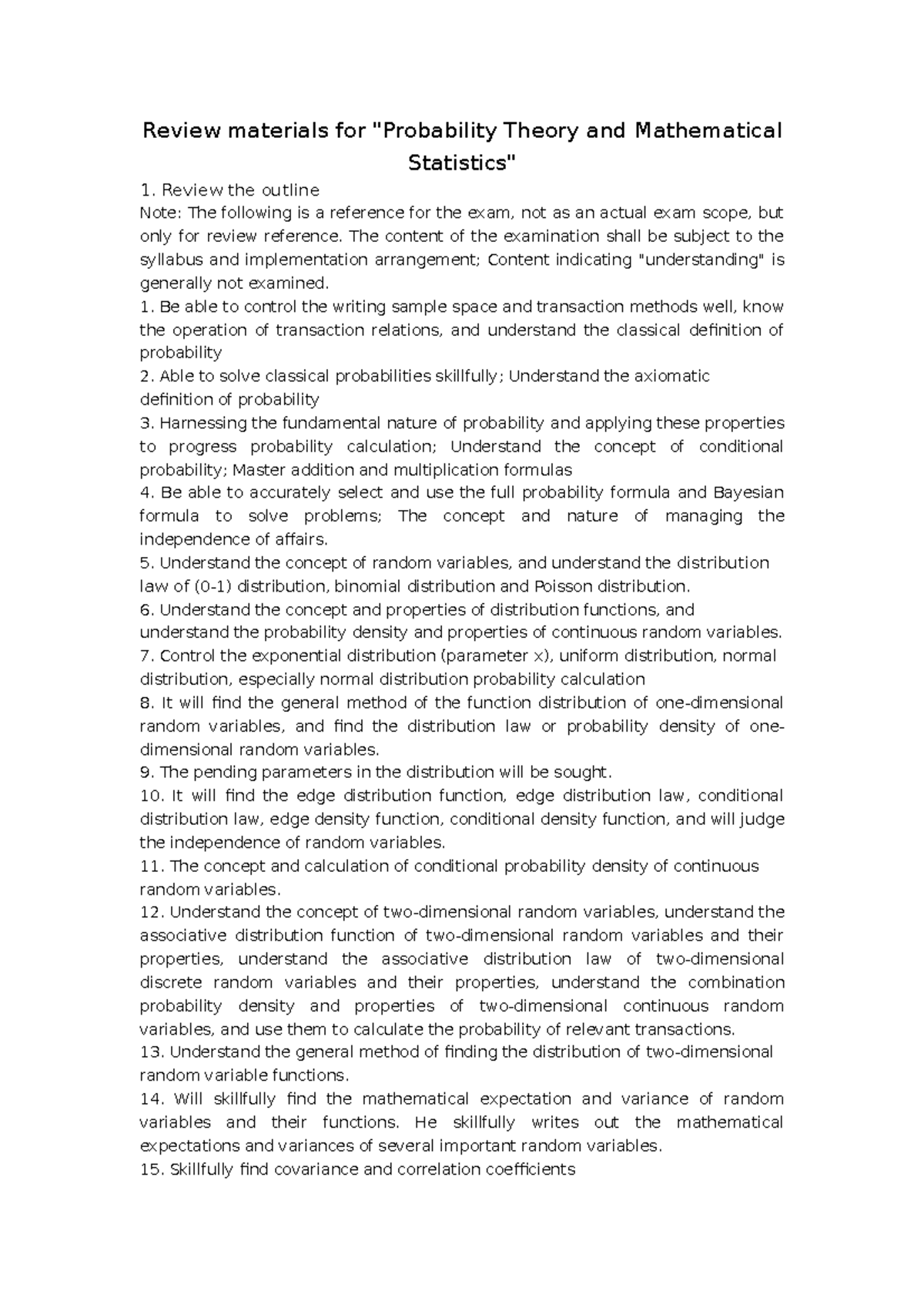 Review materials for "Probability Theory and Mathematical Statistics" - Review materials for ...