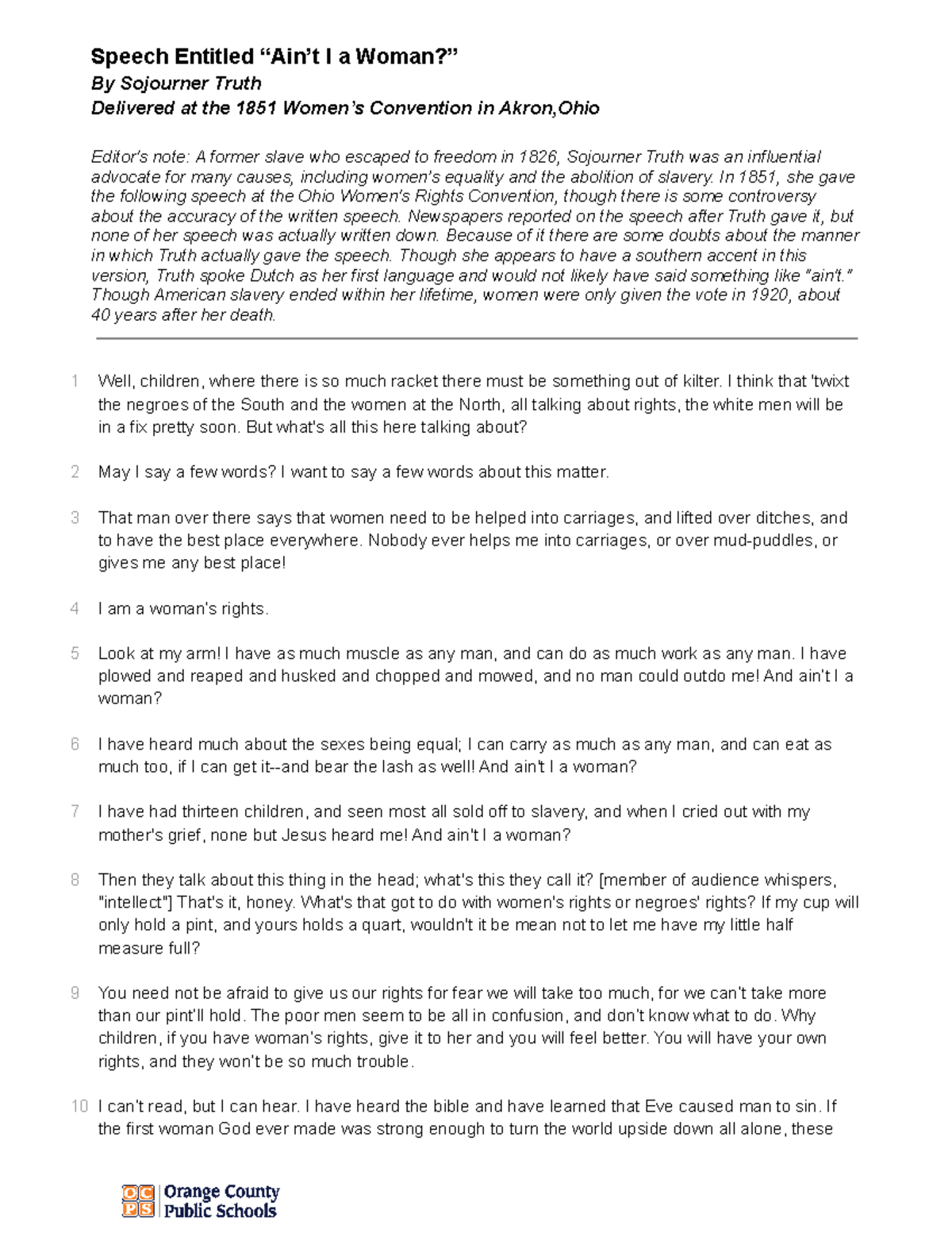 Aint I a Woman - brains - Speech Entitled “Ain’t I a Woman?” By ...