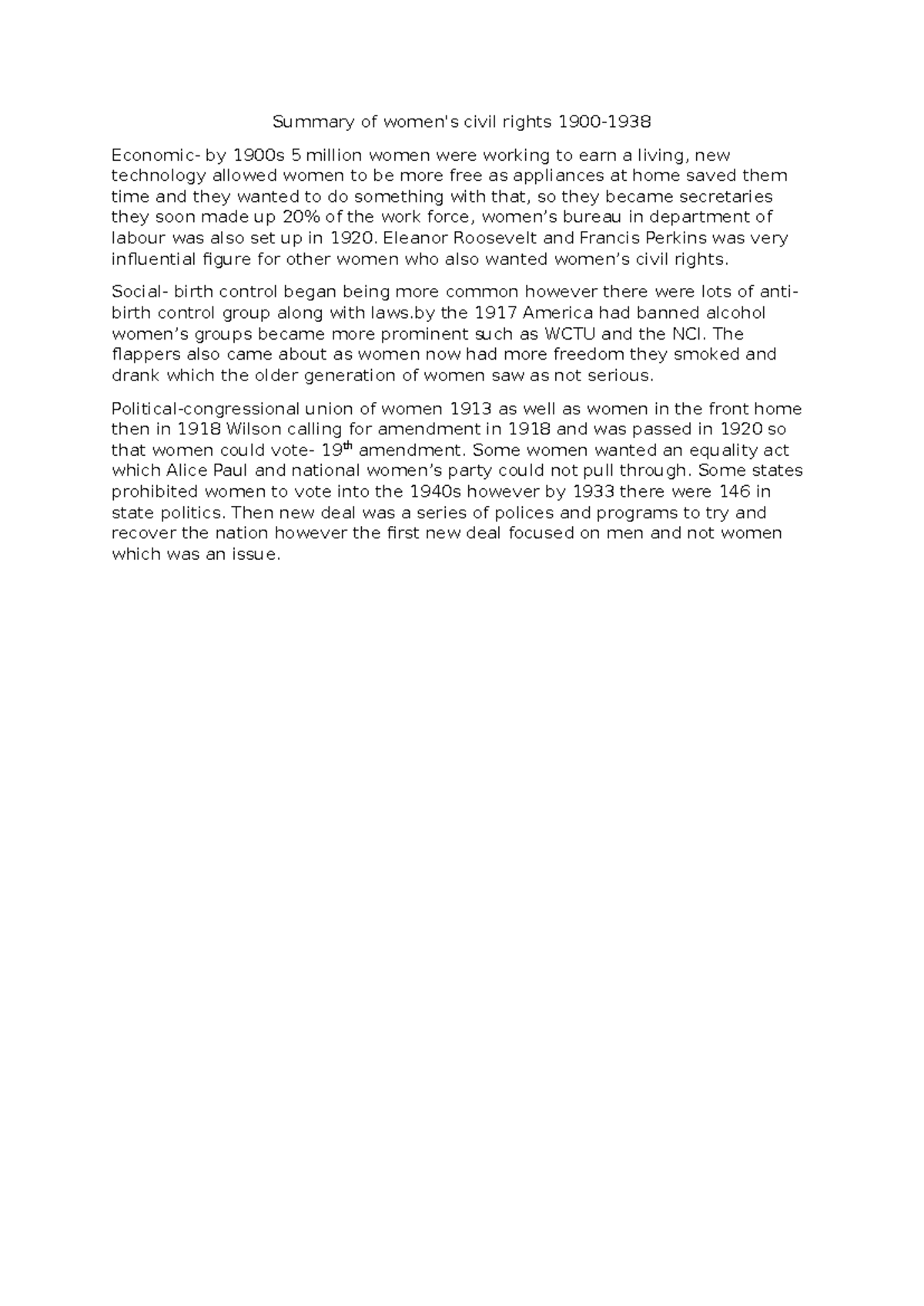 Summary of women's civil rights 1900s-1938 - Summary of women's civil ...