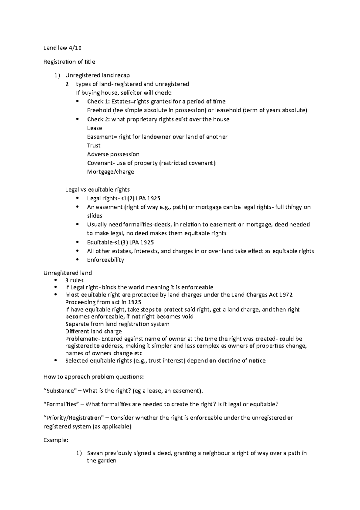 Land law 4 - registration of title notes - Land law 4/ Registration of ...