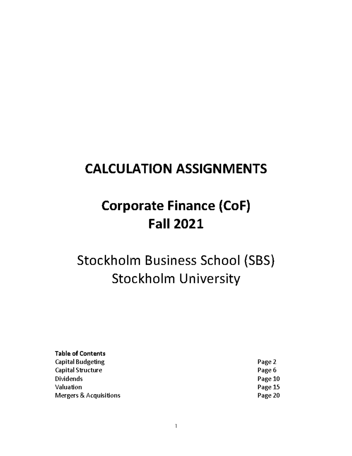 Co F Calculation exercises Fall 2021 - CALCULATION ASSIGNMENTS ...