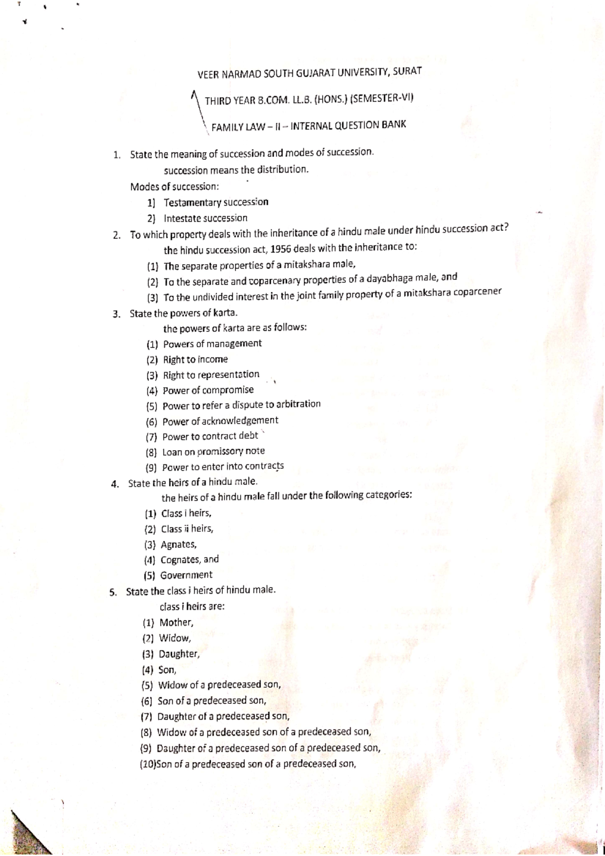 Sem 6 internal question bank - BCom LLB(Hons) - Studocu