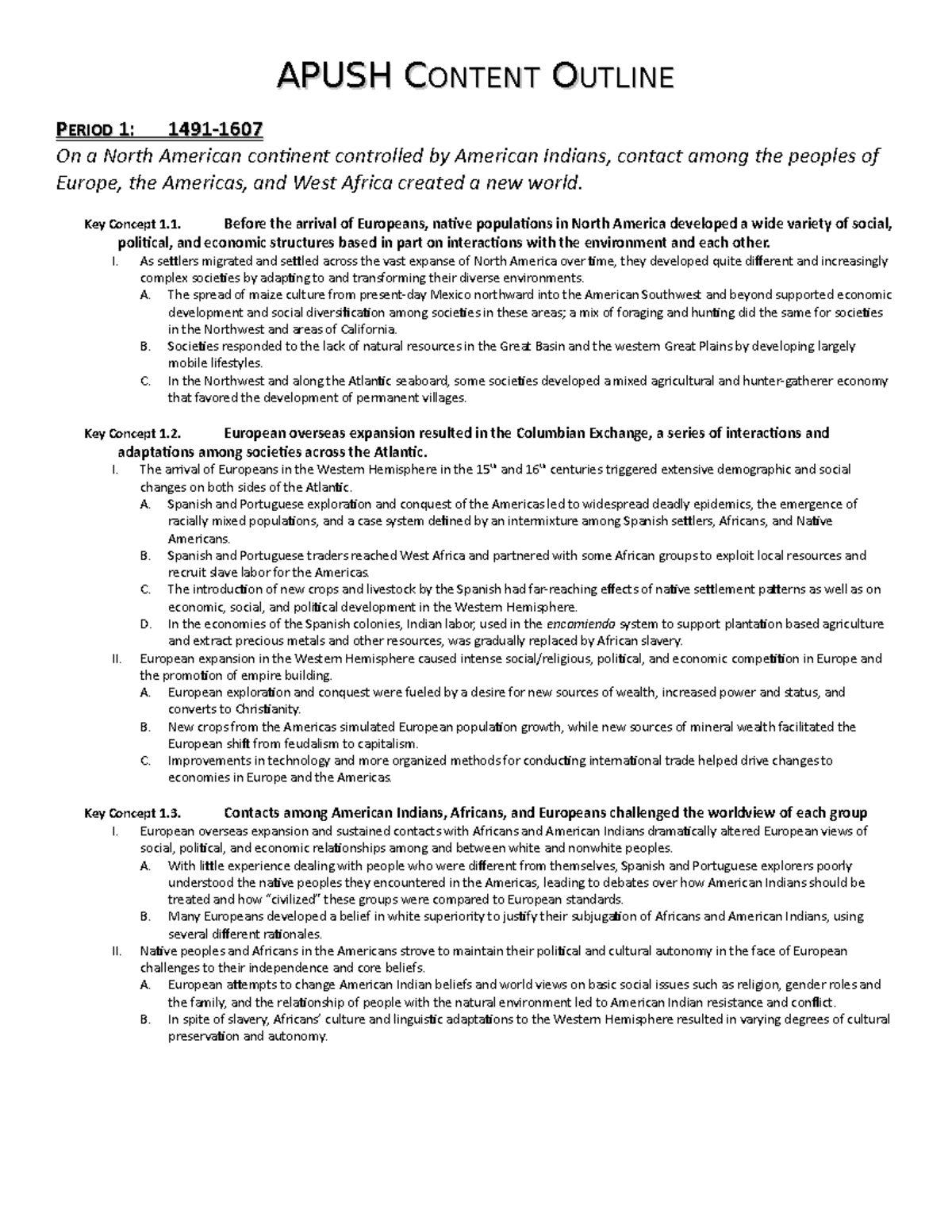 APUSH Content Outline - APUSH CAPUSH CONTENTONTENT OOUTLINEUTLINE P ...