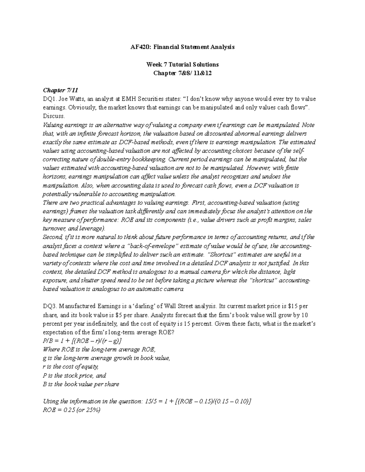 Week 7 Tutorial Solutions - Chapter 7 8 or 11 12 - Business Information ...