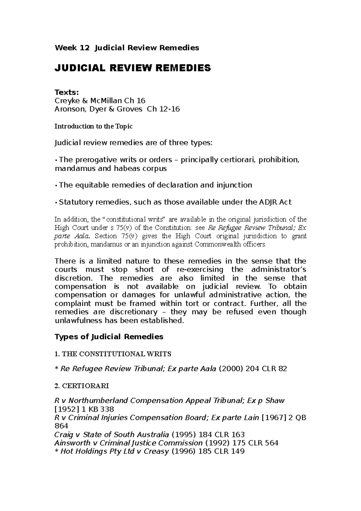 Lecture notes, lecture 12 - Week 12 Judicial Review Remedies JUDICIAL ...