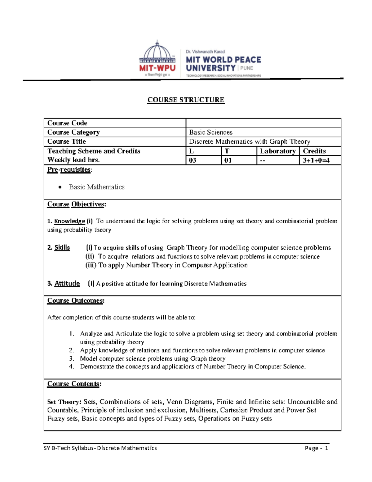 Discrete Mathematics with graph theory F Y B Tech CSE - sdfdsfdsfds COURSE STRUCTURE Course Code ...