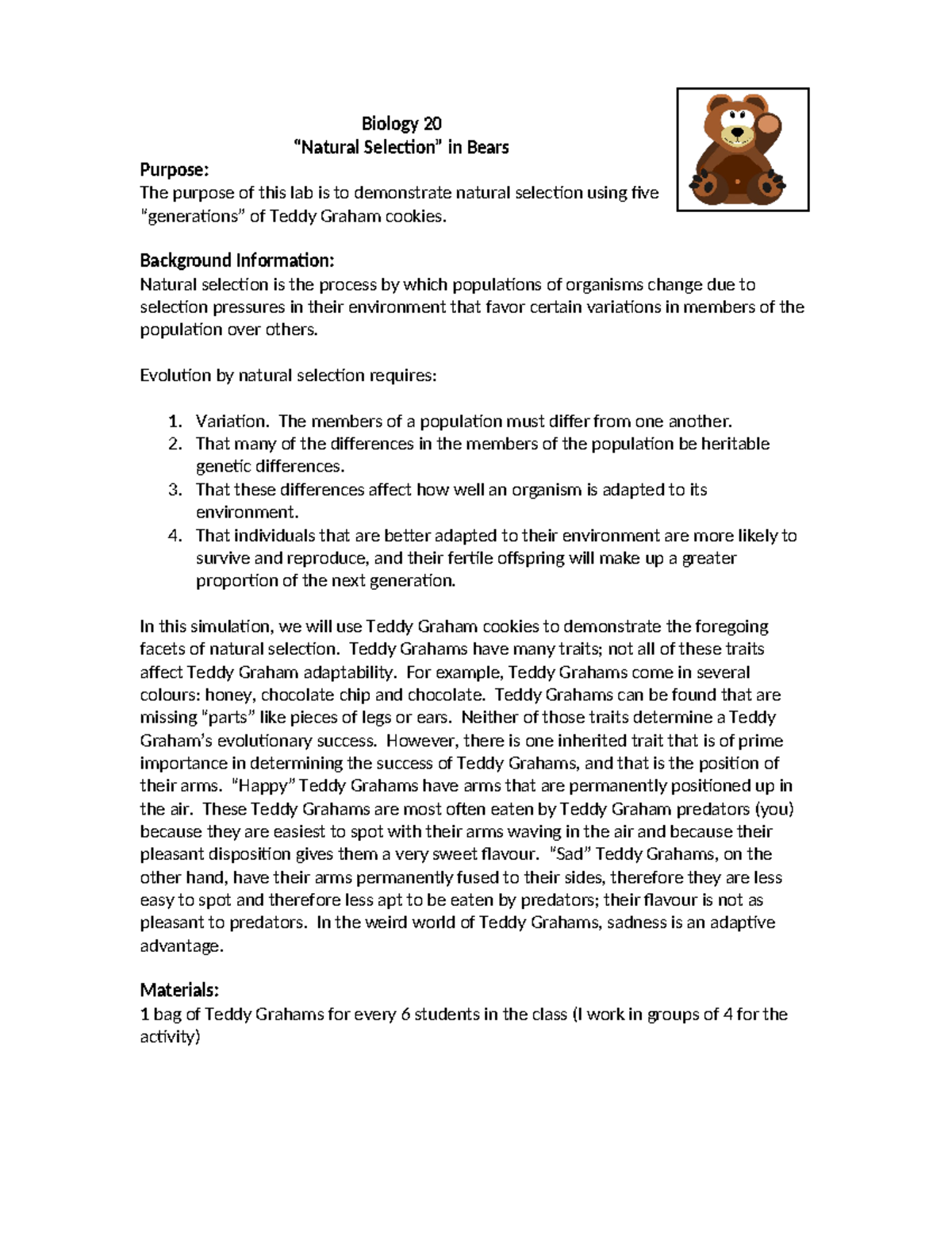 Bear Natural Selection Lab - Biology 20 “Natural Selection” in Bears ...