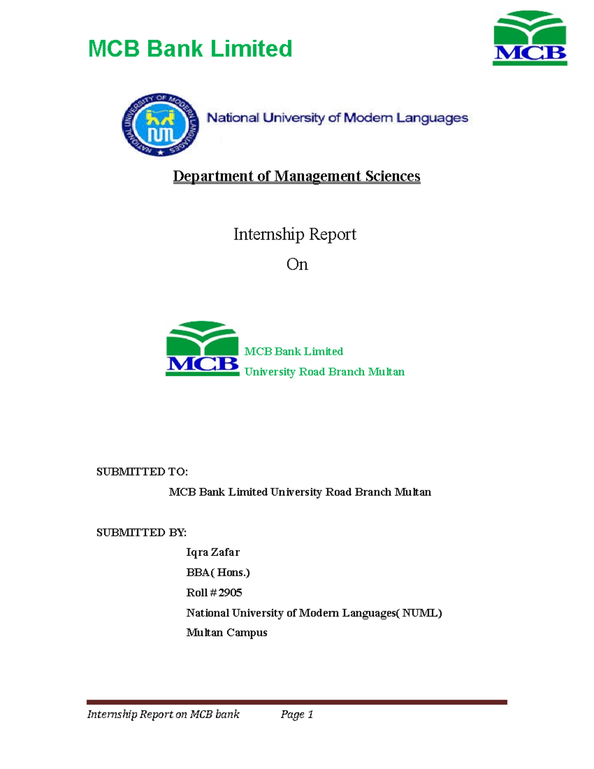 Mcbinternshipreport - thats the internship project report - Department ...