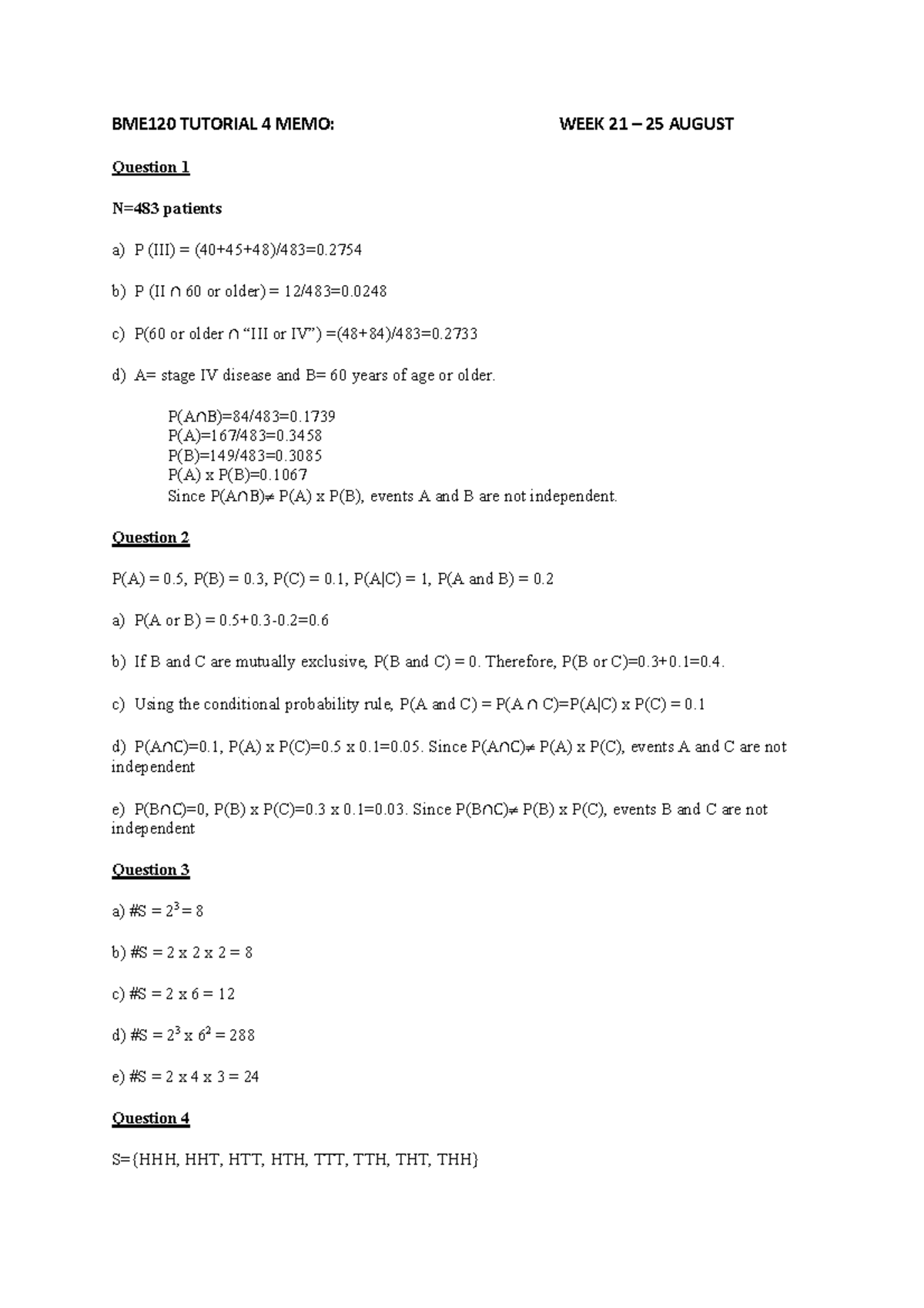 BME120 Tutorial 4 MEMO - BME120 TUTORIAL 4 MEMO: WEEK 21 – 25 AUGUST Question 1 N=483 patients a ...