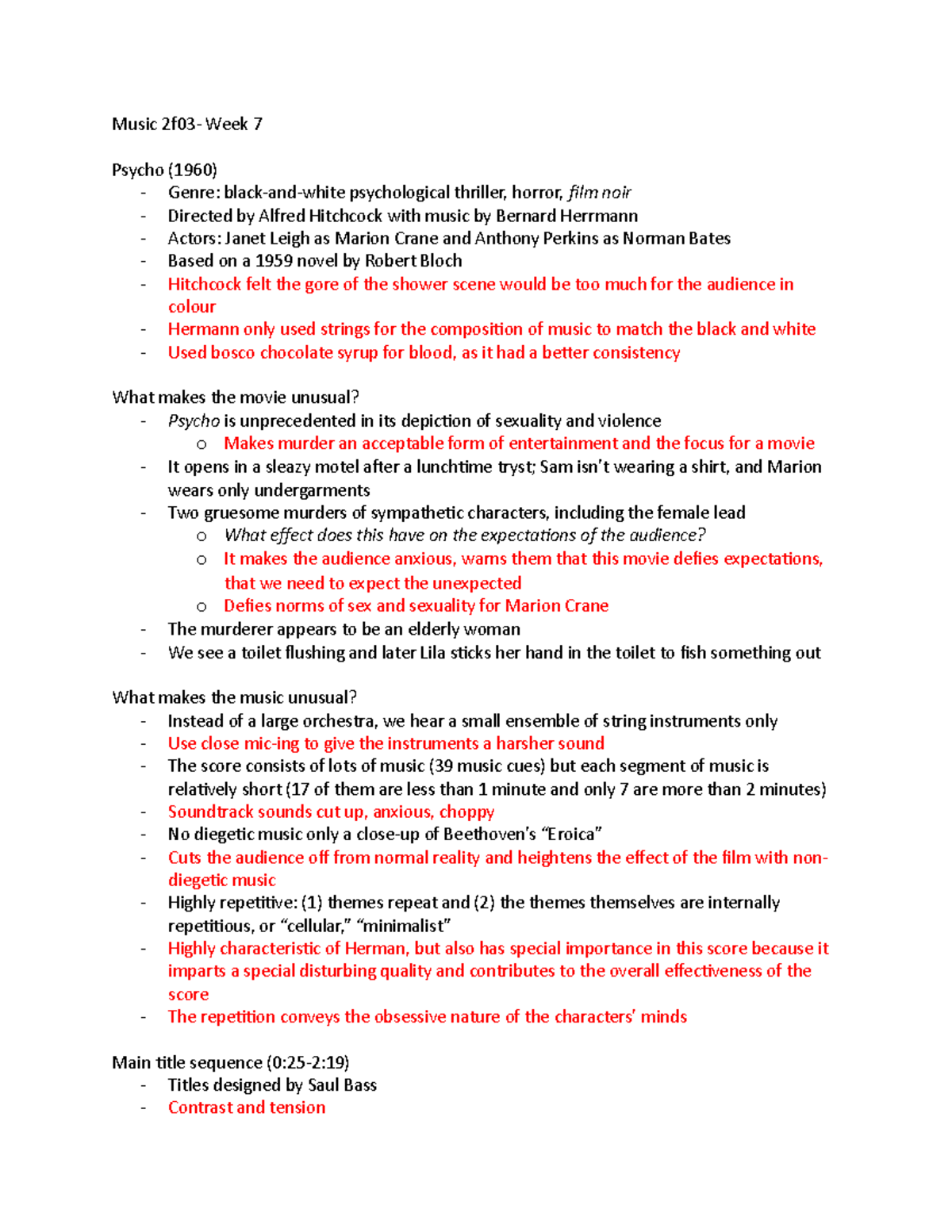 Music 2f03- weel 7 - winter - Music 2f03- Week 7 Psycho (1960) - Genre ...