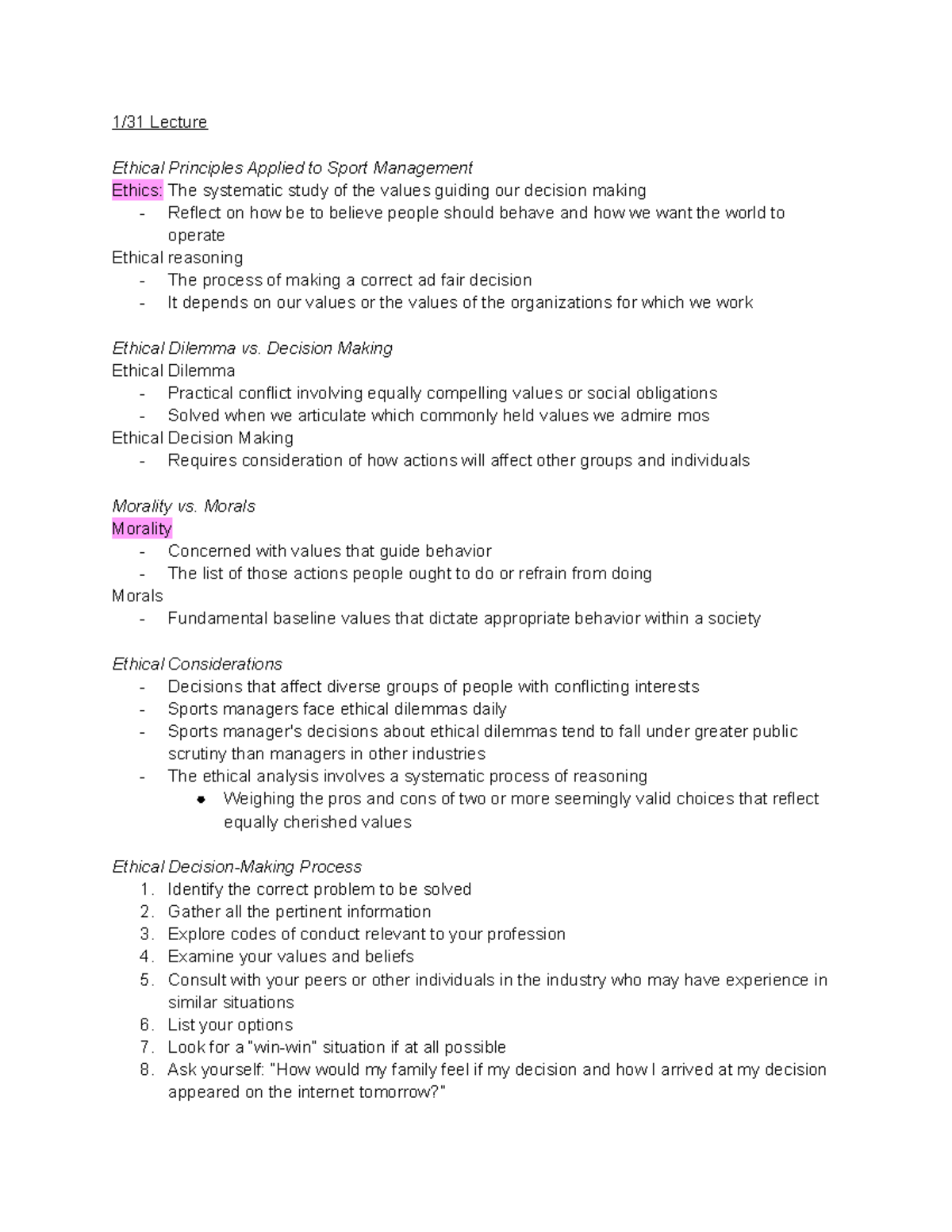 Sports Admin. Chapter 6 1 31 - 1/31 Lecture Ethical Principles Applied ...