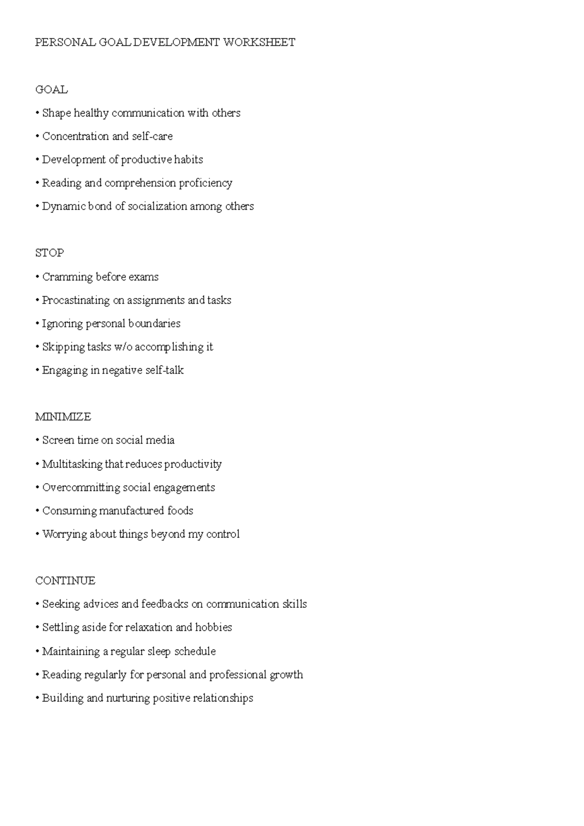 Homeroomproject - Reviewer - PERSONAL GOAL DEVELOPMENT WORKSHEET GOAL ...