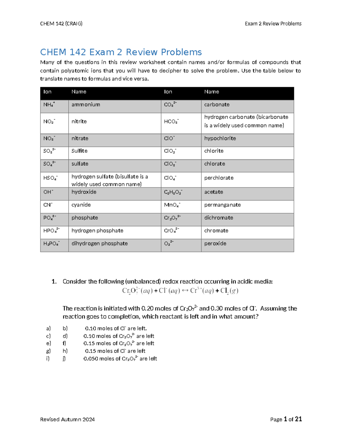 Au24 142 Exam2 Review WS( Blank) - CHEM 142 Exam 2 Review Problems Many ...
