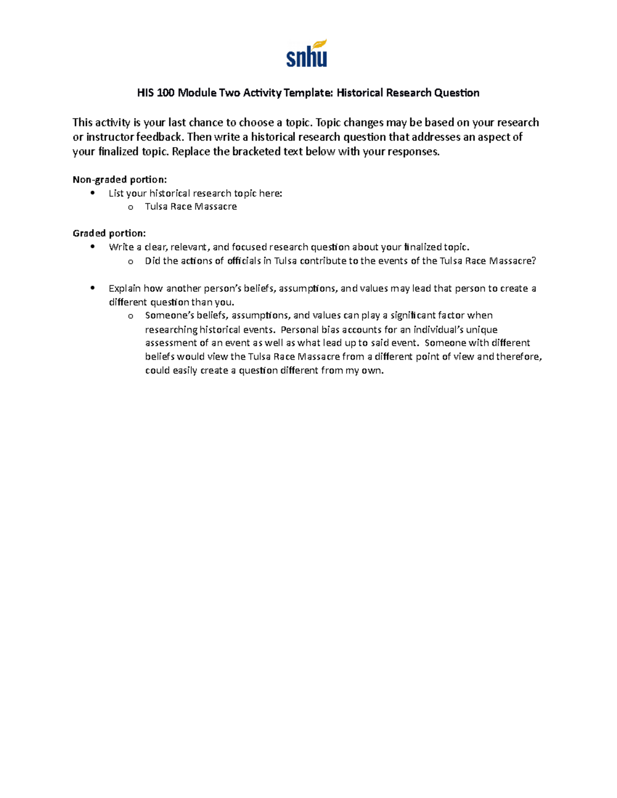 Mod 2 Activity Research Question - HIS 100 Module Two Activity Template ...