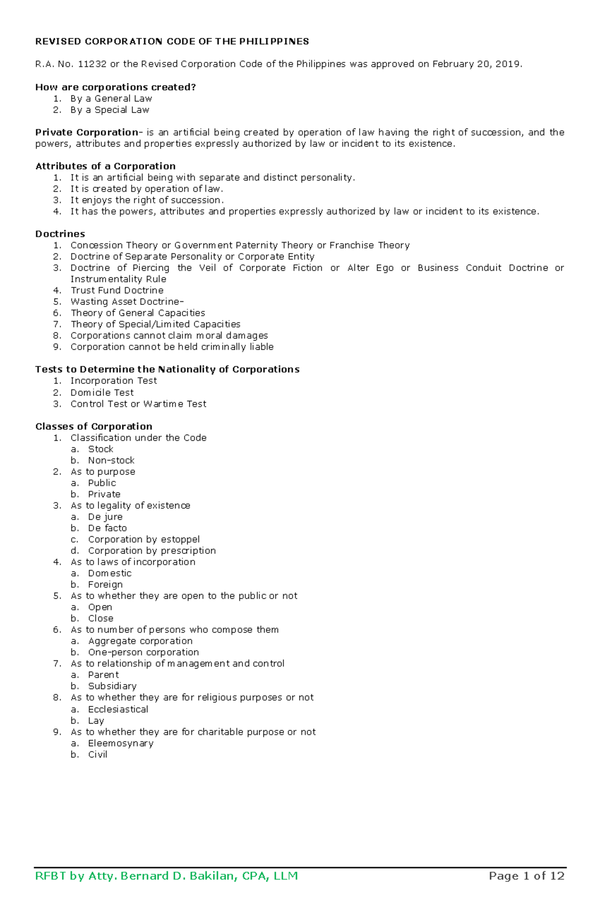 Law on Corporation Handouts and Materials - REVISED CORPORATION CODE OF ...