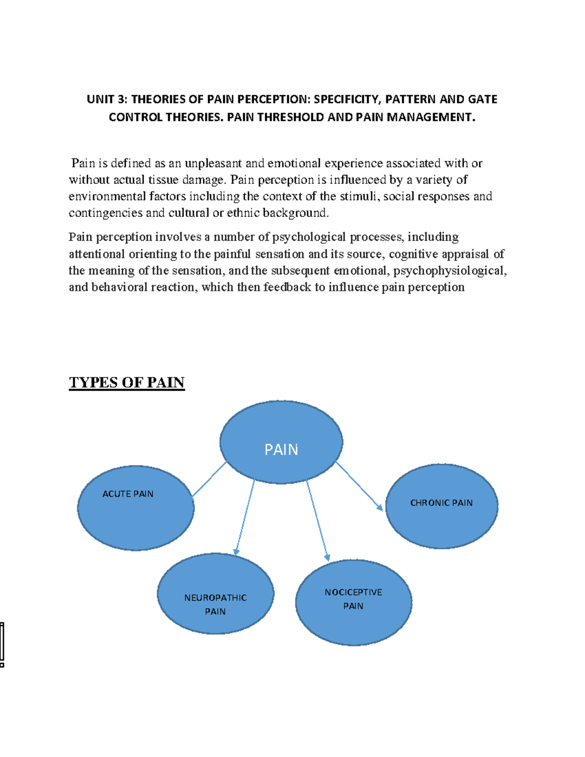 PAIN Theories - UNIT 3: THEORIES OF PAIN PERCEPTION: SPECIFICITY ...
