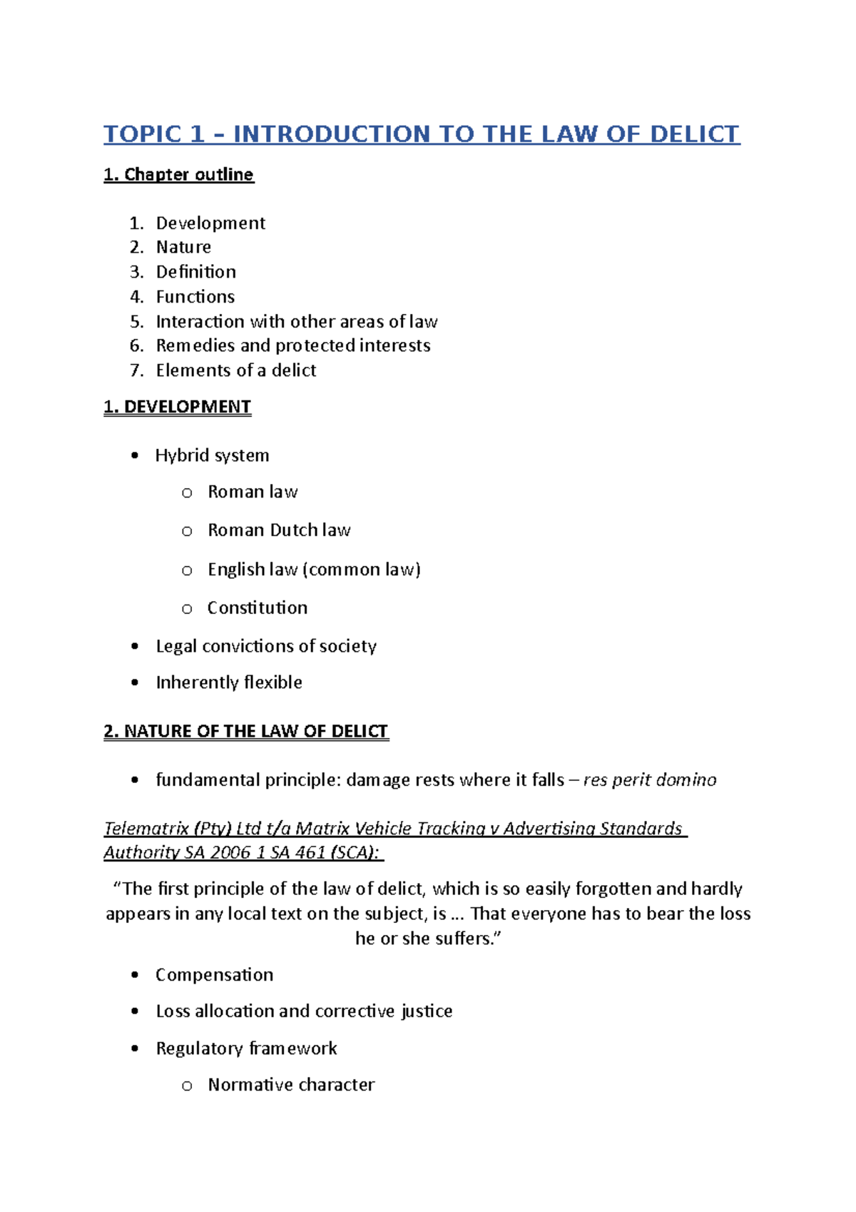 Delict notes unit 1 - TOPIC 1 – INTRODUCTION TO THE LAW OF DELICT ...