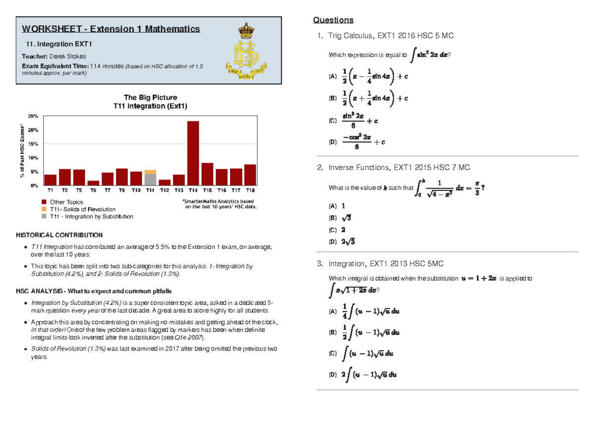 X1 HSC Questions - Integration (2019 ) - WORKSHEET - Extension 1 ...