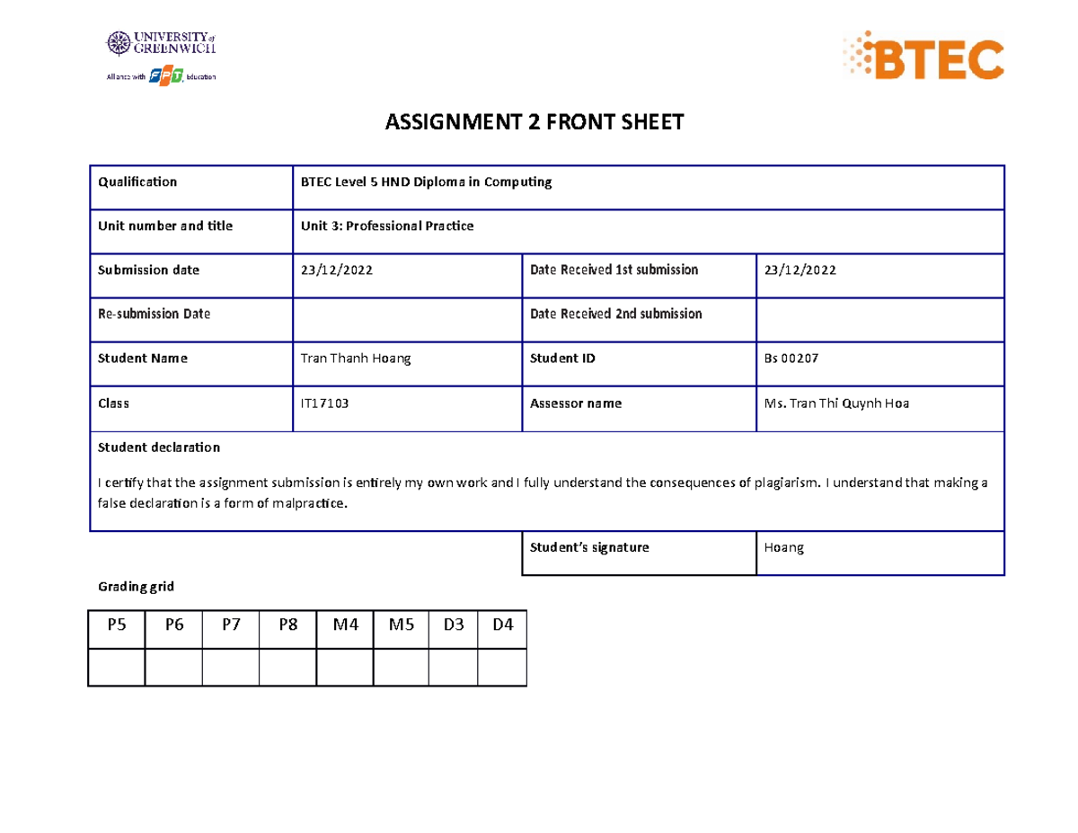 ASM2 cô hoa - qưe - ASSIGNMENT 2 FRONT SHEET Qualification BTEC Level 5 HND Diploma in Computing ...