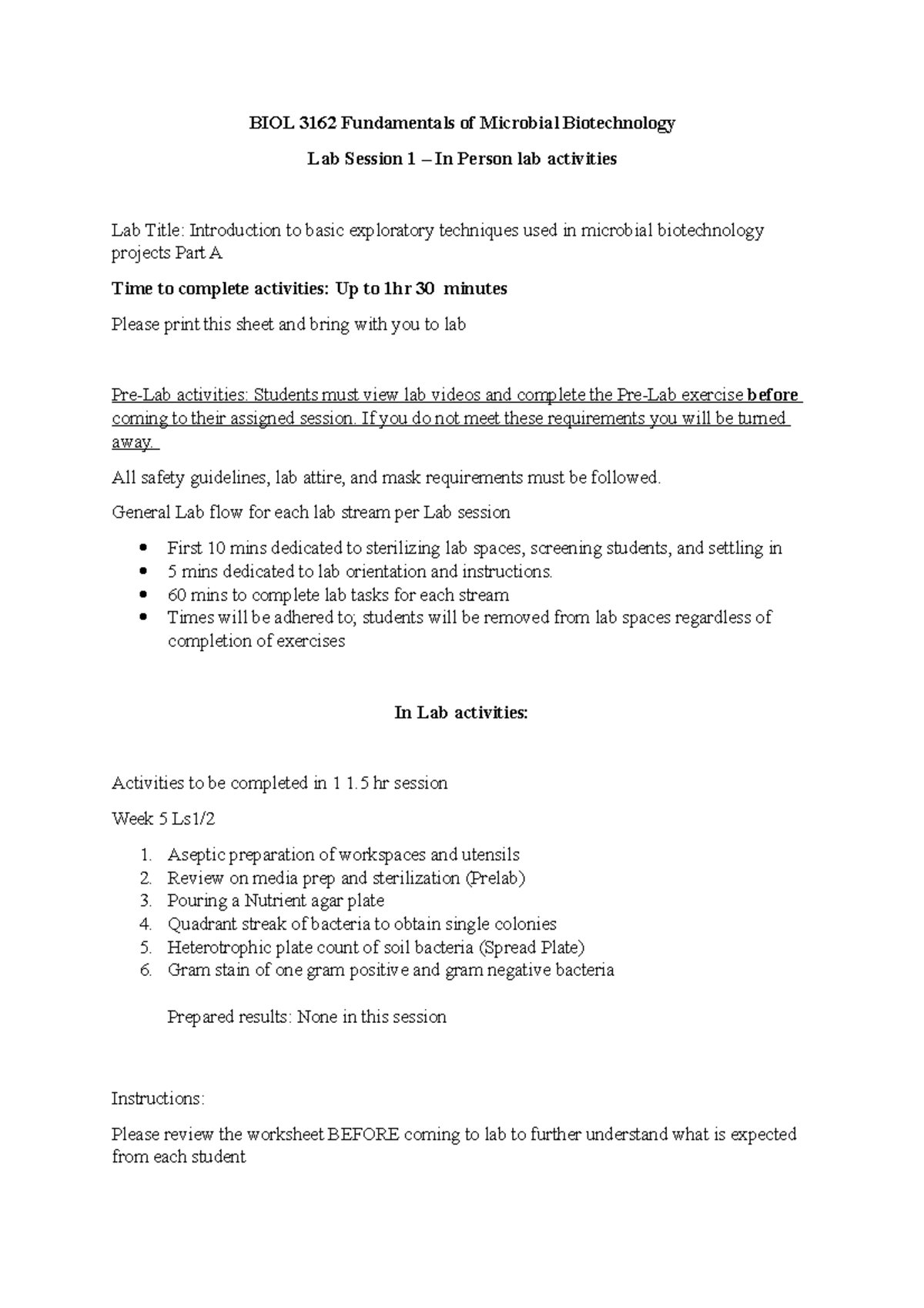 BIOL 3162 Lab 2-Introduction to microbial biotech techniques A - BIOL ...