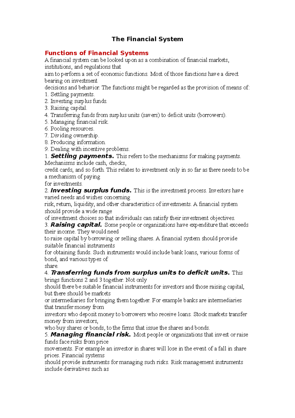 The Financial System - The Financial System Functions of Financial ...