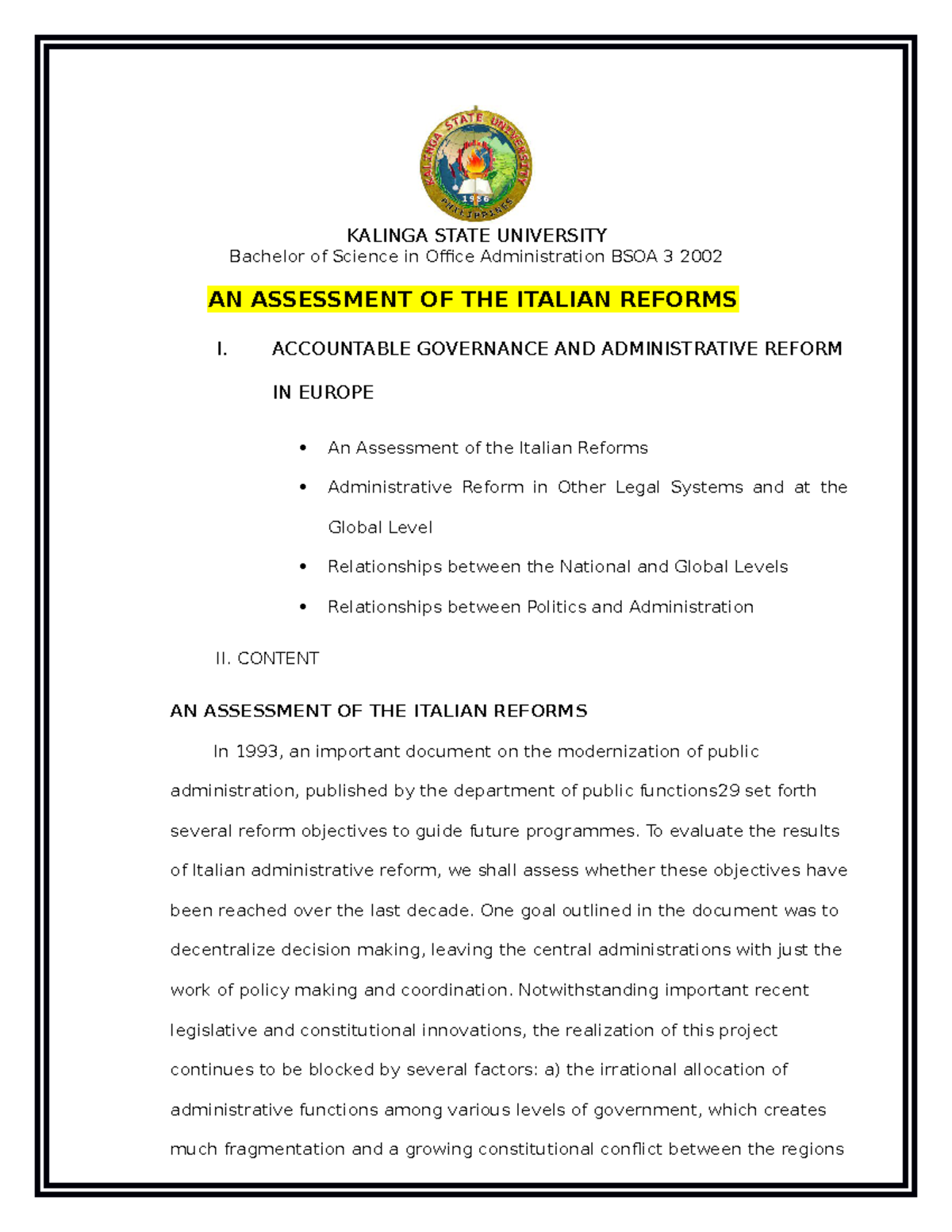 AN Assessment OF THE Italian Reforms - KALINGA STATE UNIVERSITY ...