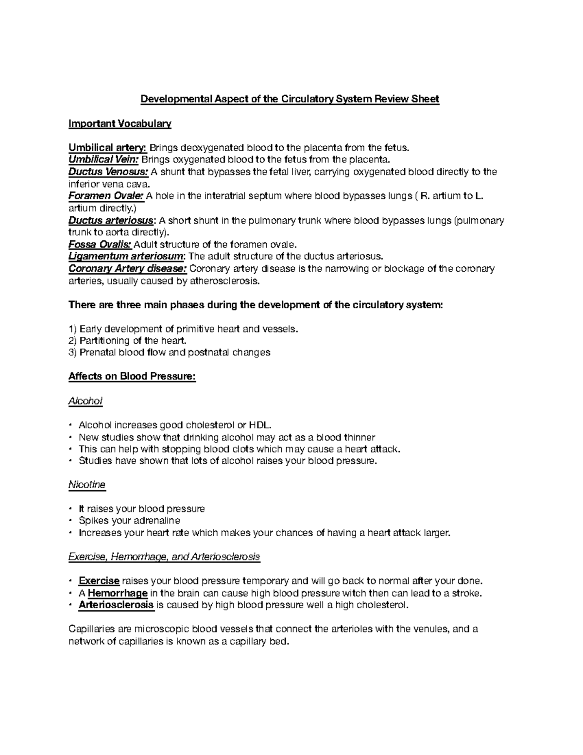 Developmental Aspects of Circulatory System Review Sheet ...