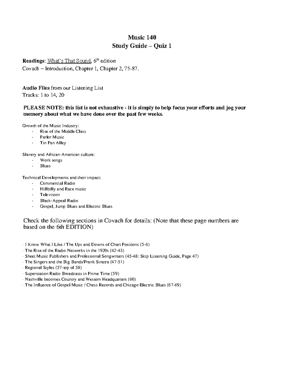 01-Music 140-Study Guide-Quiz 1 - Music 140 Study Guide – Quiz 1 ...