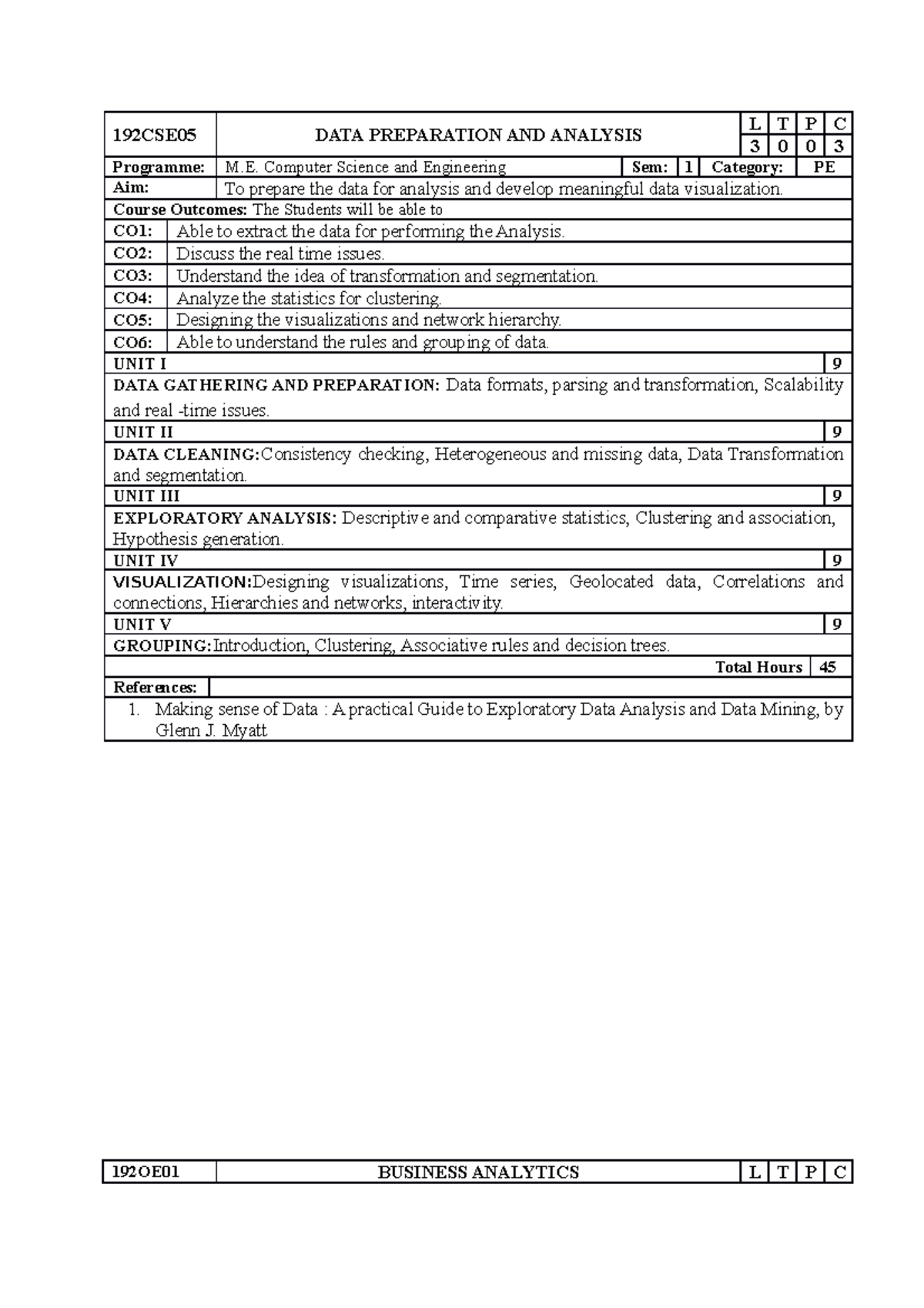 Syllbus m.e 3rd sem - 192CSE05 DATA PREPARATION AND ANALYSIS L T P C 3 0 0 3 Programme: M ...
