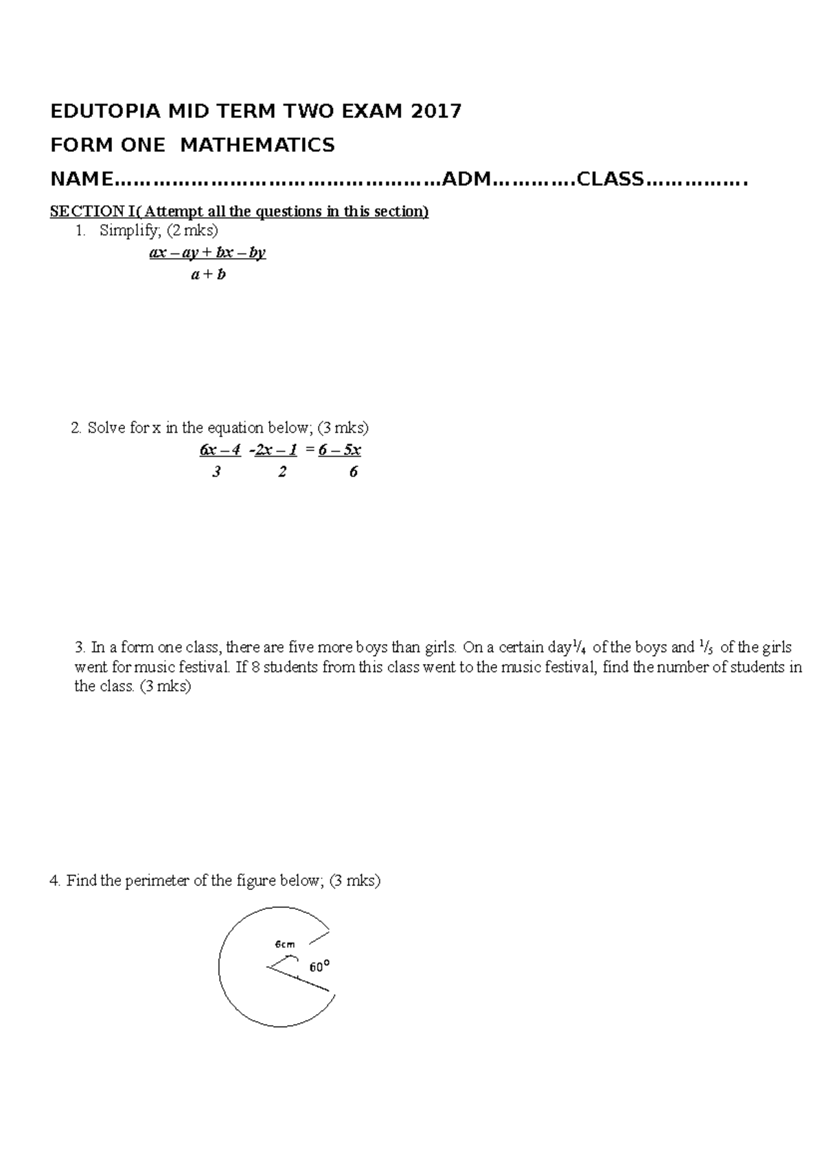 1834703 Maths FORM 1 MID TERM 2 2017 4 - EDUTOPIA MID TERM TWO EXAM ...
