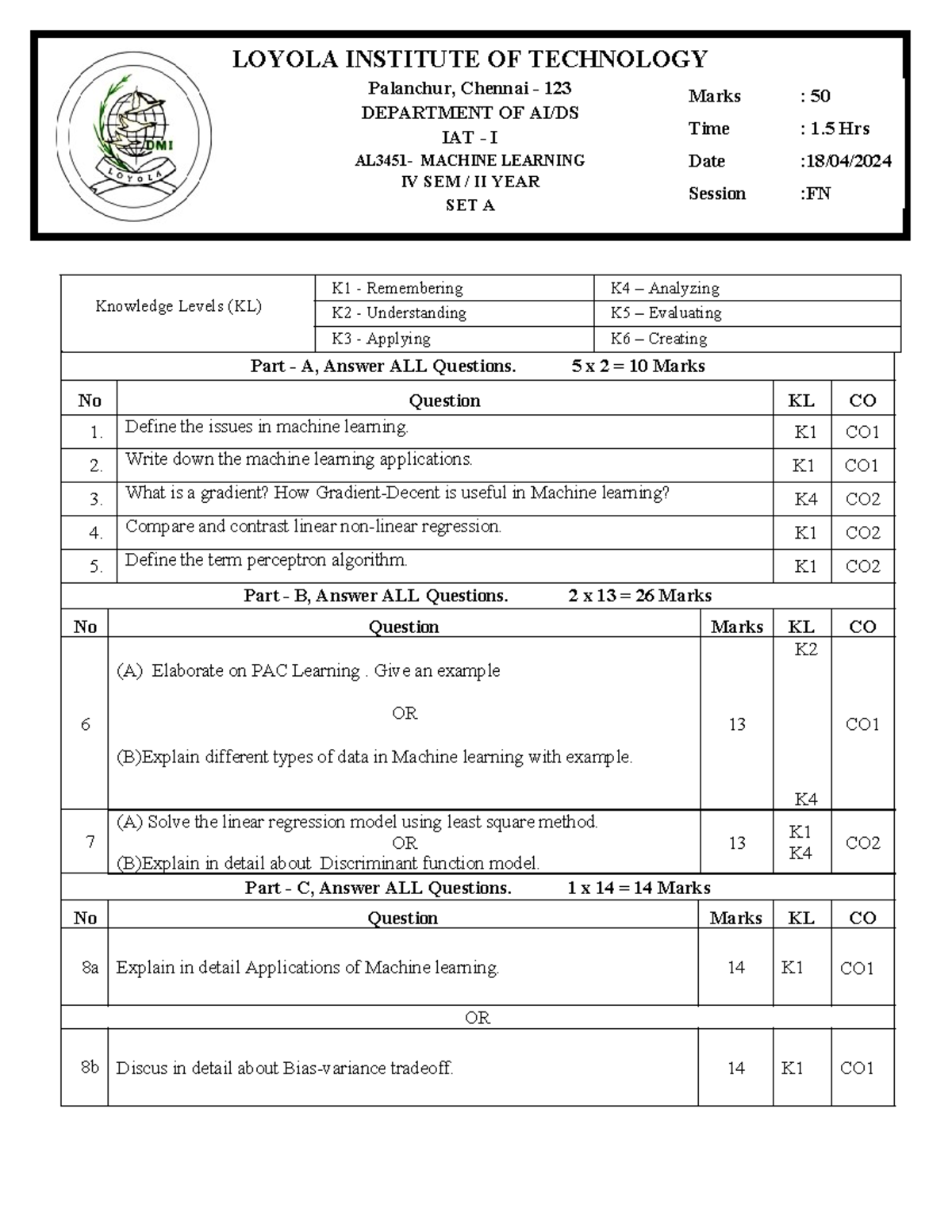 AIML IAT1 SET A - .... - Knowledge Levels (KL) K1 - Remembering K4 ...