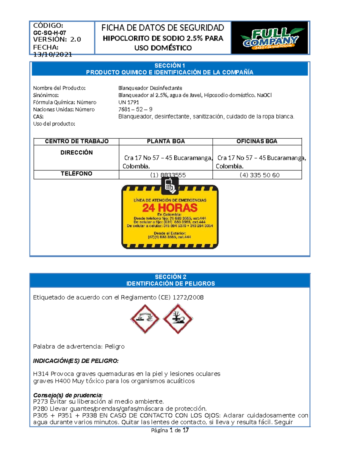 Ficha Datos DE Seguridad Blanqueador Desinfectante - SECCIÓN 1 PRODUCTO QUIMICO E IDENTIFICACIÓN ...