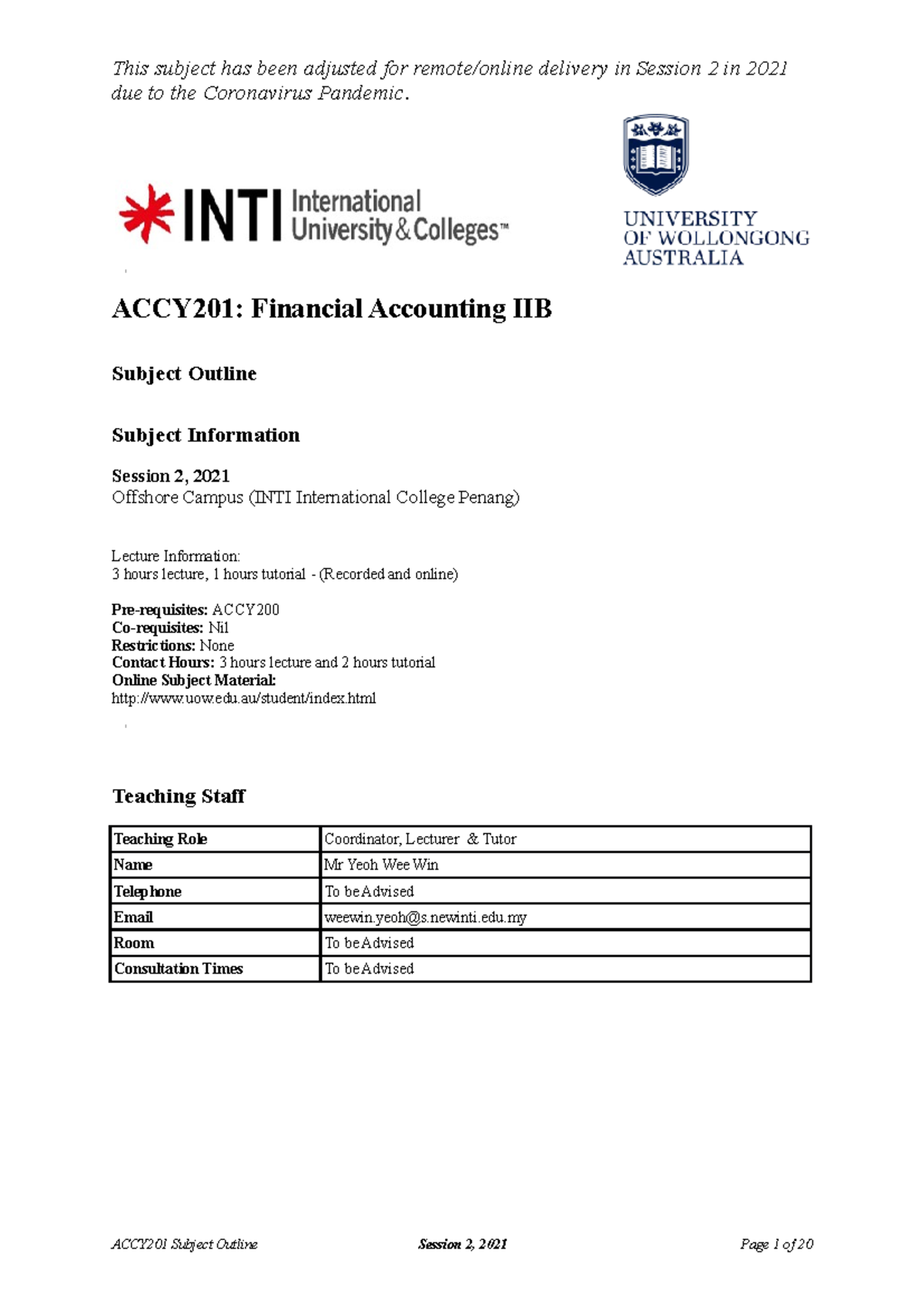 ACCY 201 IICP Session 2 2021 Subject Outline - ACCY201 - UOW - Studocu