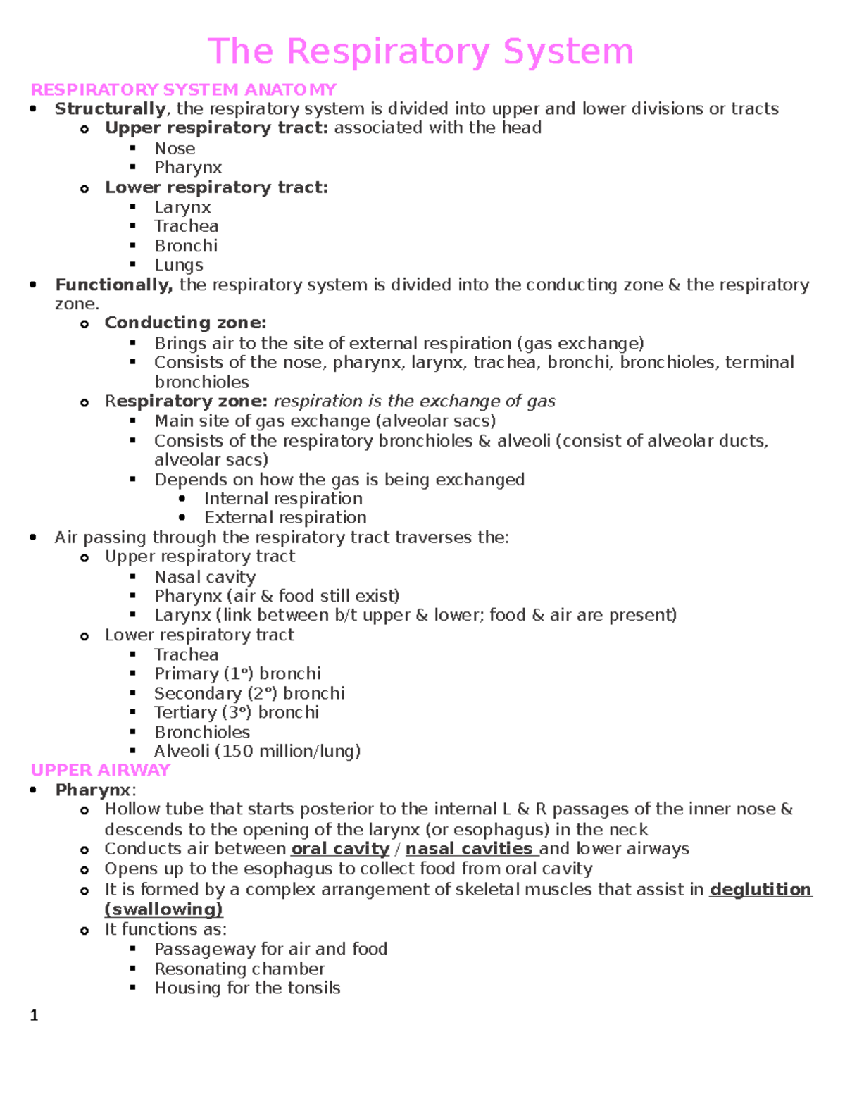 Respiratory System Outline - The Respiratory System RESPIRATORY SYSTEM ...