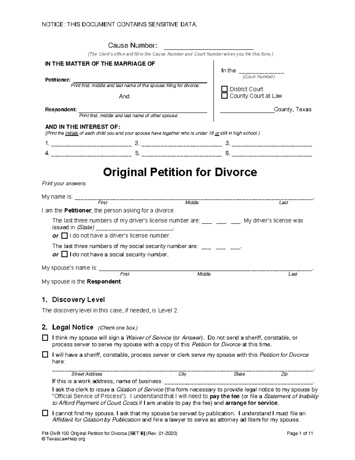 Petition for Divorce document - NOTICE: THIS DOCUMENT CONTAINS ...