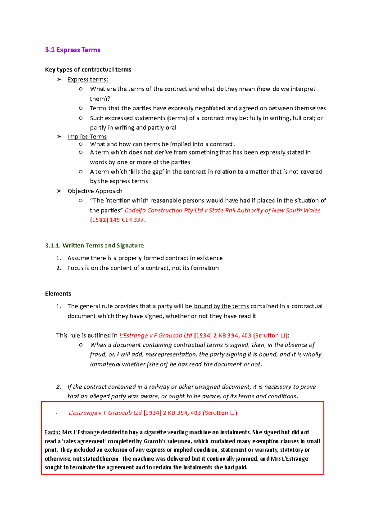 Contracts Exam notes 2021 - 3 Express Terms Key types of contractual ...