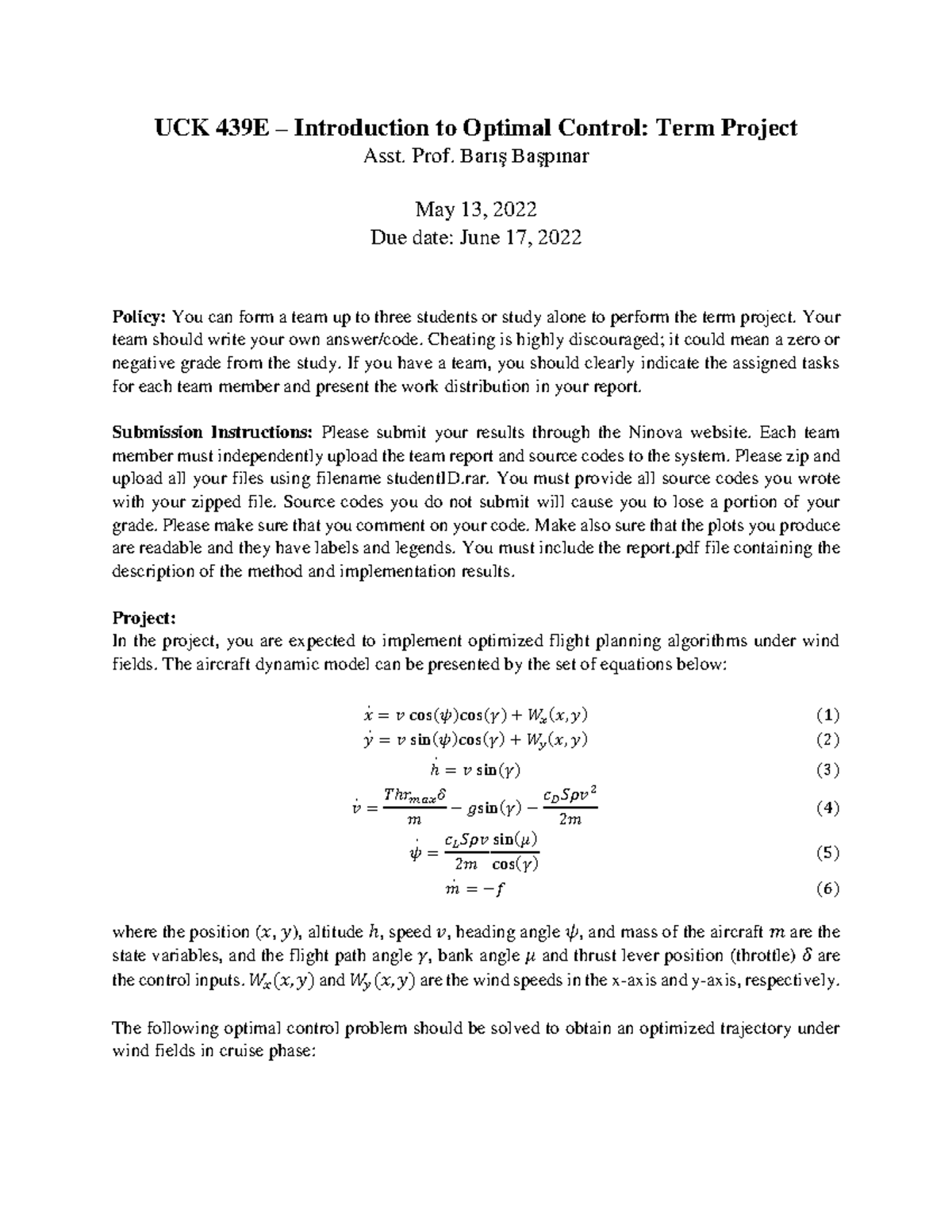 Term Project - UCK 439E – Introduction to Optimal Control: Term Project ...