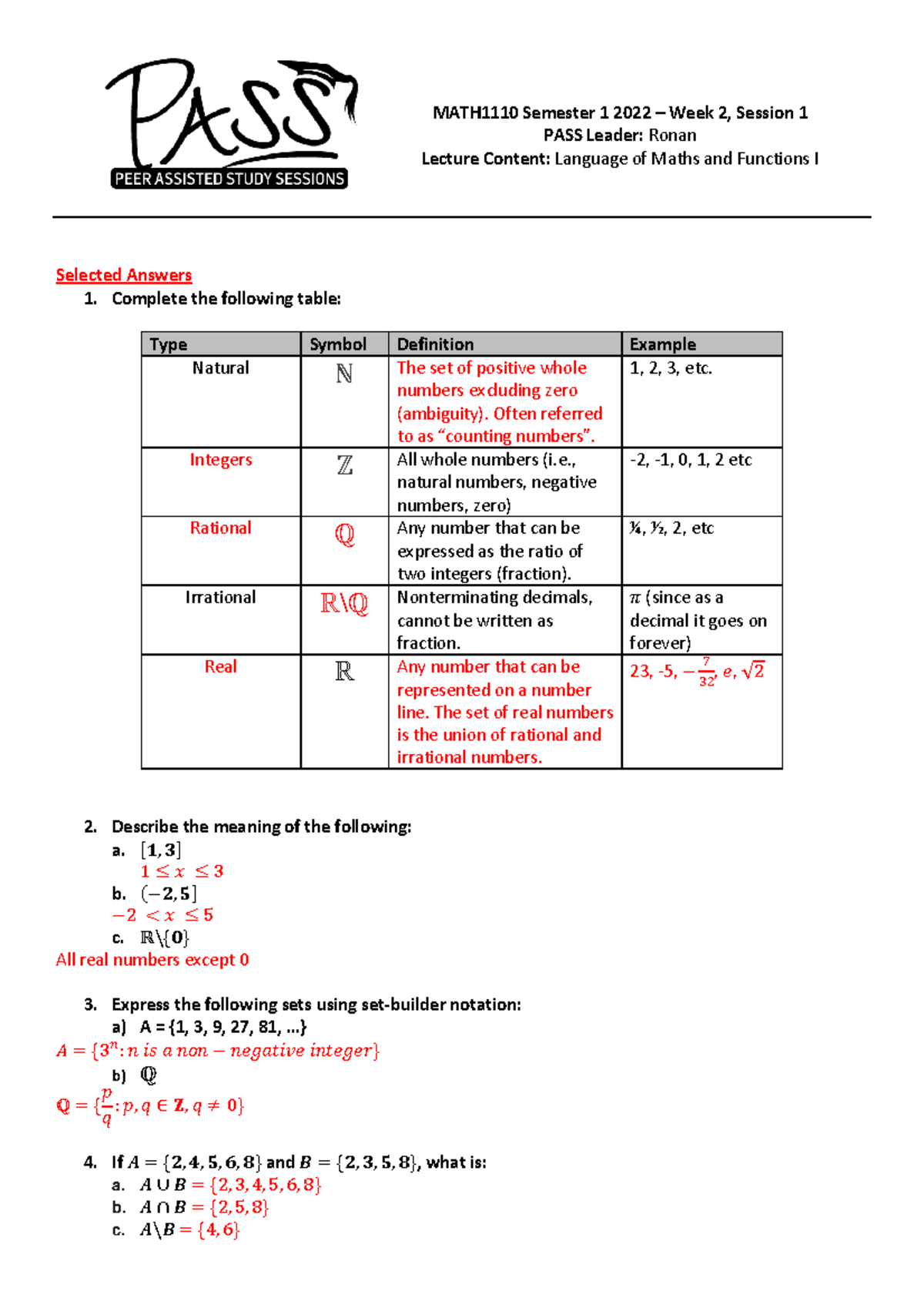 MATH1110 PASS Session 1 Worksheet Answers - Ronan-1 - MATH1110 Semester ...