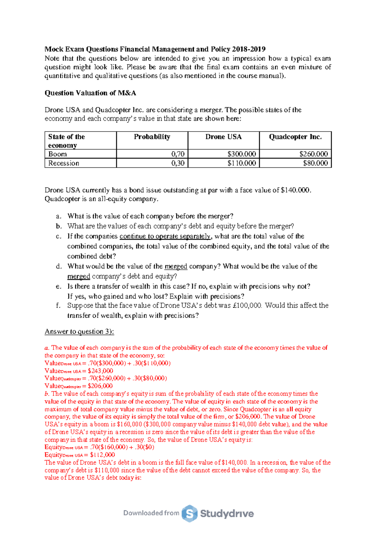 Trial Exam FMP 2018-2019 - Mock Exam Questions Financial Management and ...