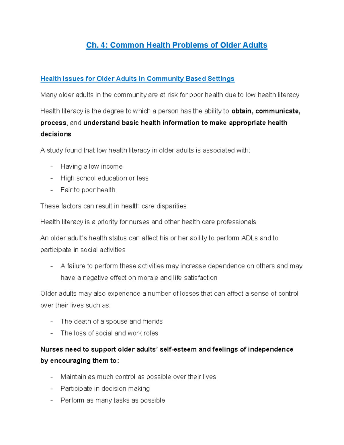 Chronic Mod 1 Ch. 4- Common Health Problems of Older Adults - Ch. 4 ...