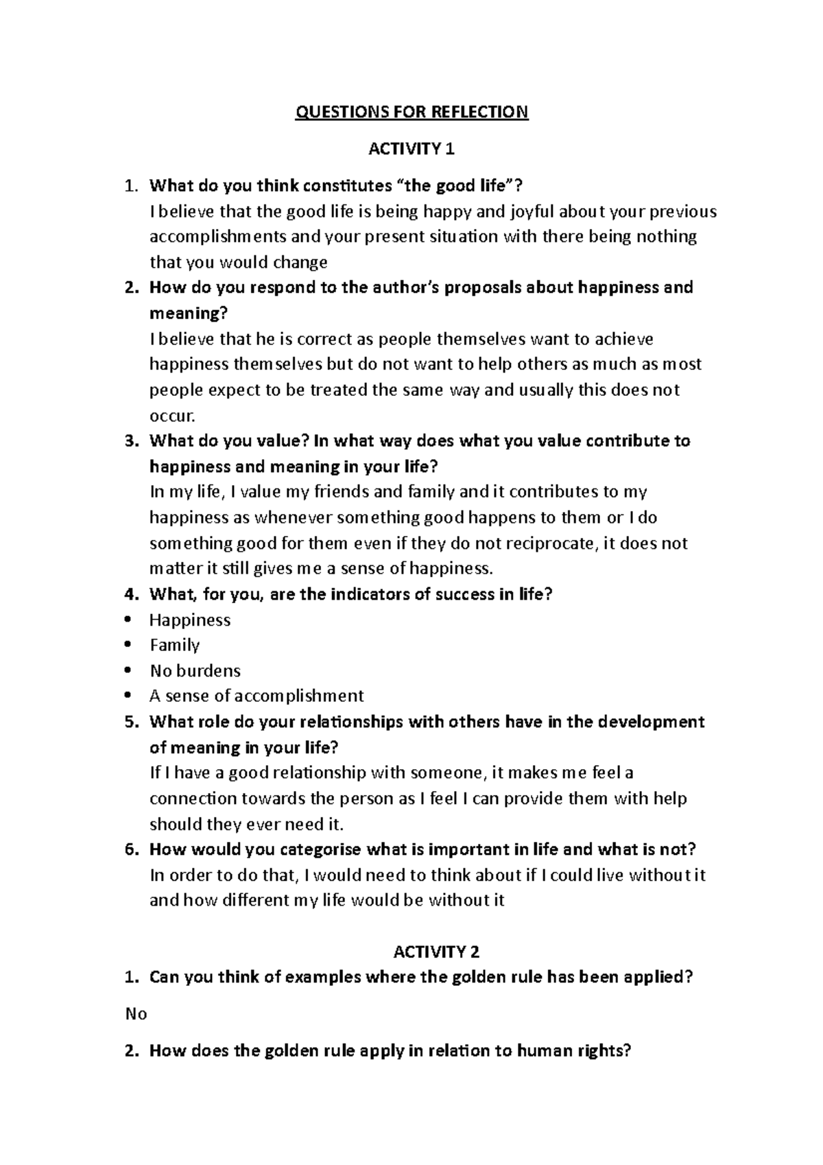 Questions FOR Reflection - QUESTIONS FOR REFLECTION ACTIVITY 1 What do ...