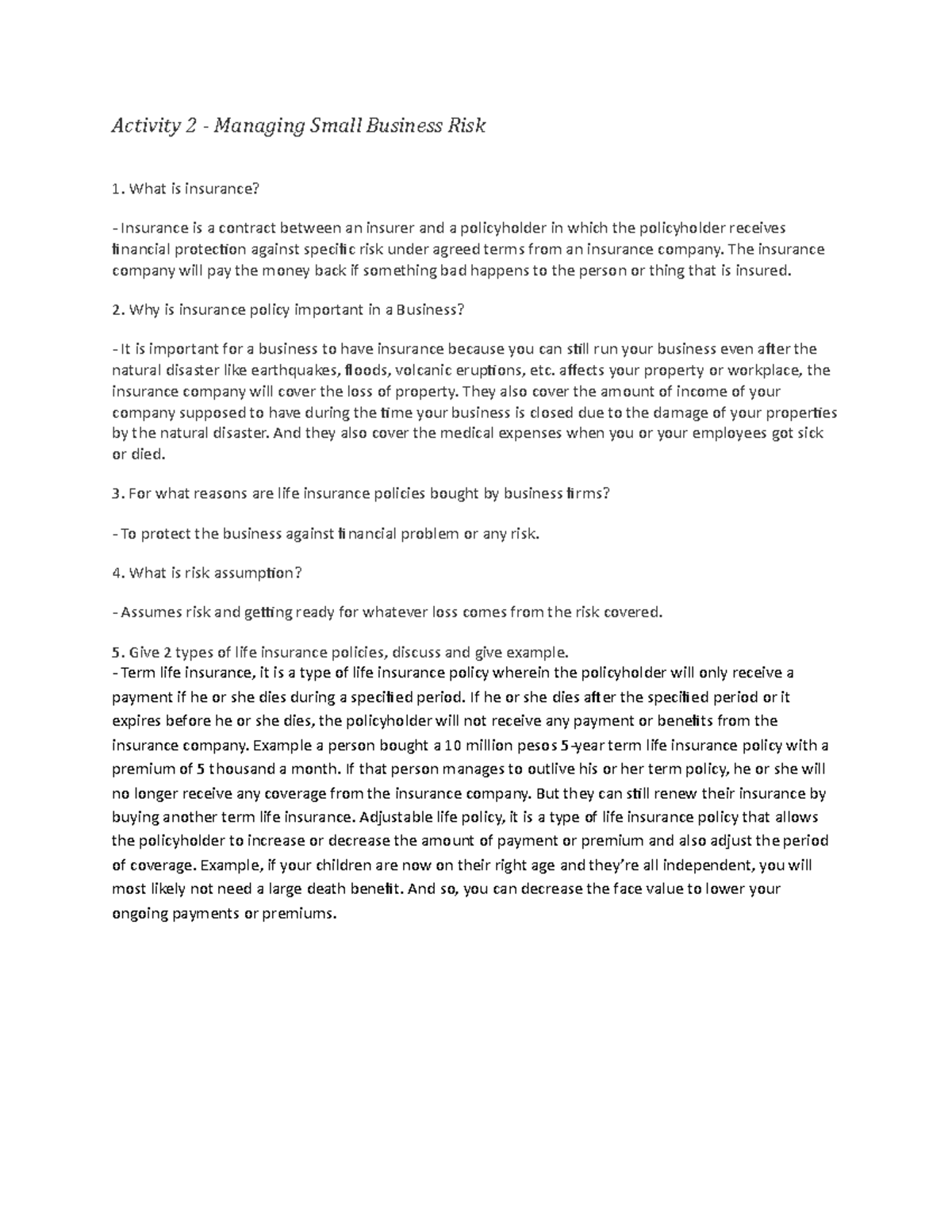 Managing Small Business Risk (TLE) | - Activity 2 - Managing Small ...