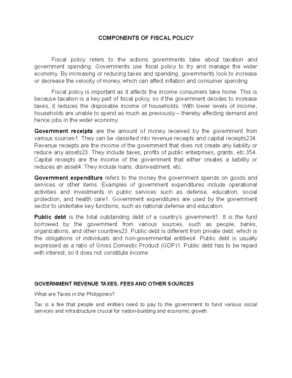 COMP OF Fiscal Policy - LECTURE NOTES - COMPONENTS OF FISCAL POLICY ...