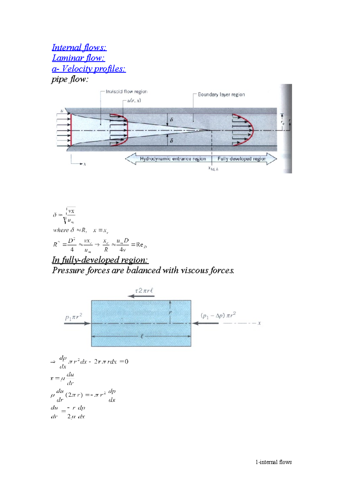 Convection-internal-flow - Internal flows: Laminar flow: a- Velocity profiles: pipe flow: In ...